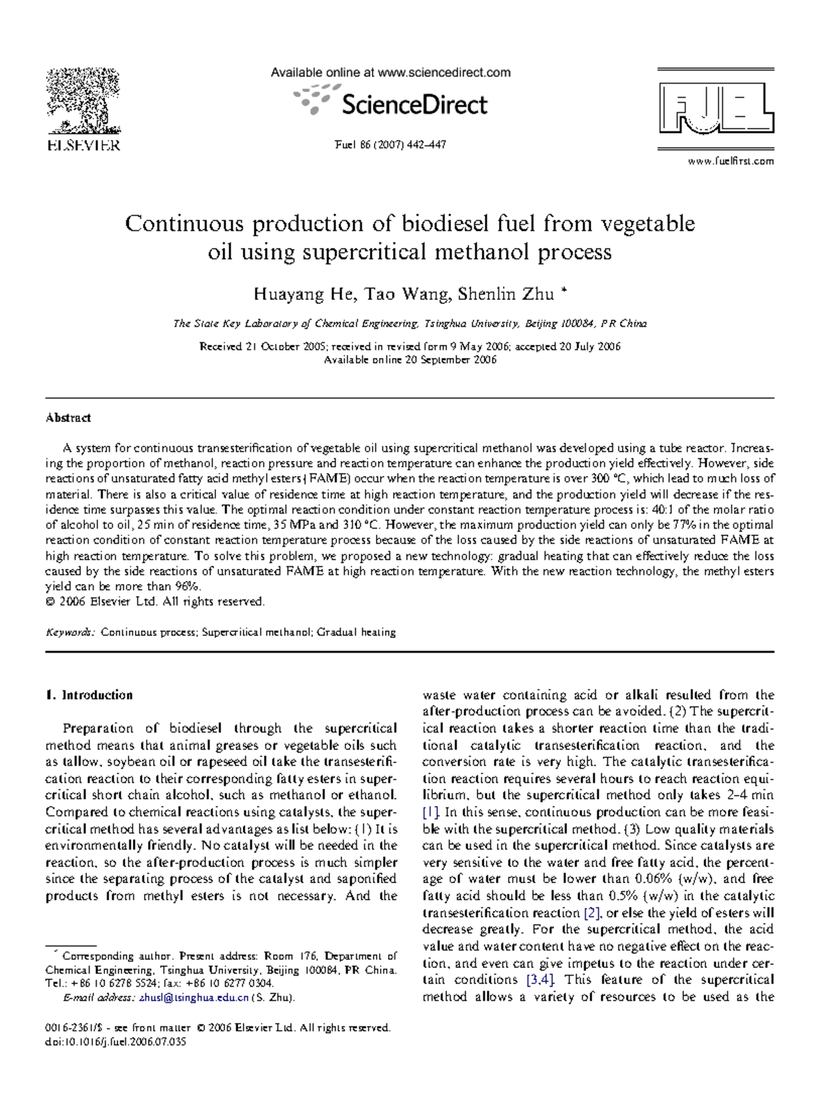 Continuous Production of Biodiesel from Vegetable Oil via Supercritical ...