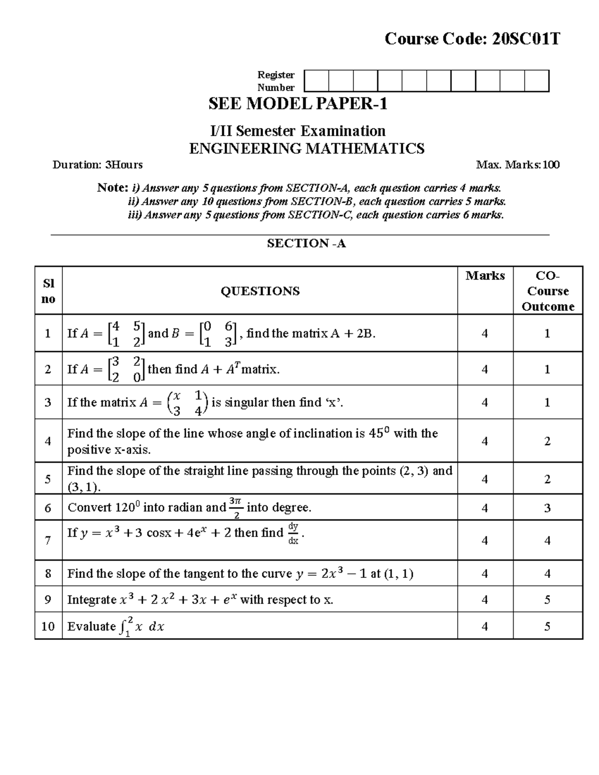 20SC01T Engineering Mathematics Model Question Paper 2024 - Studocu