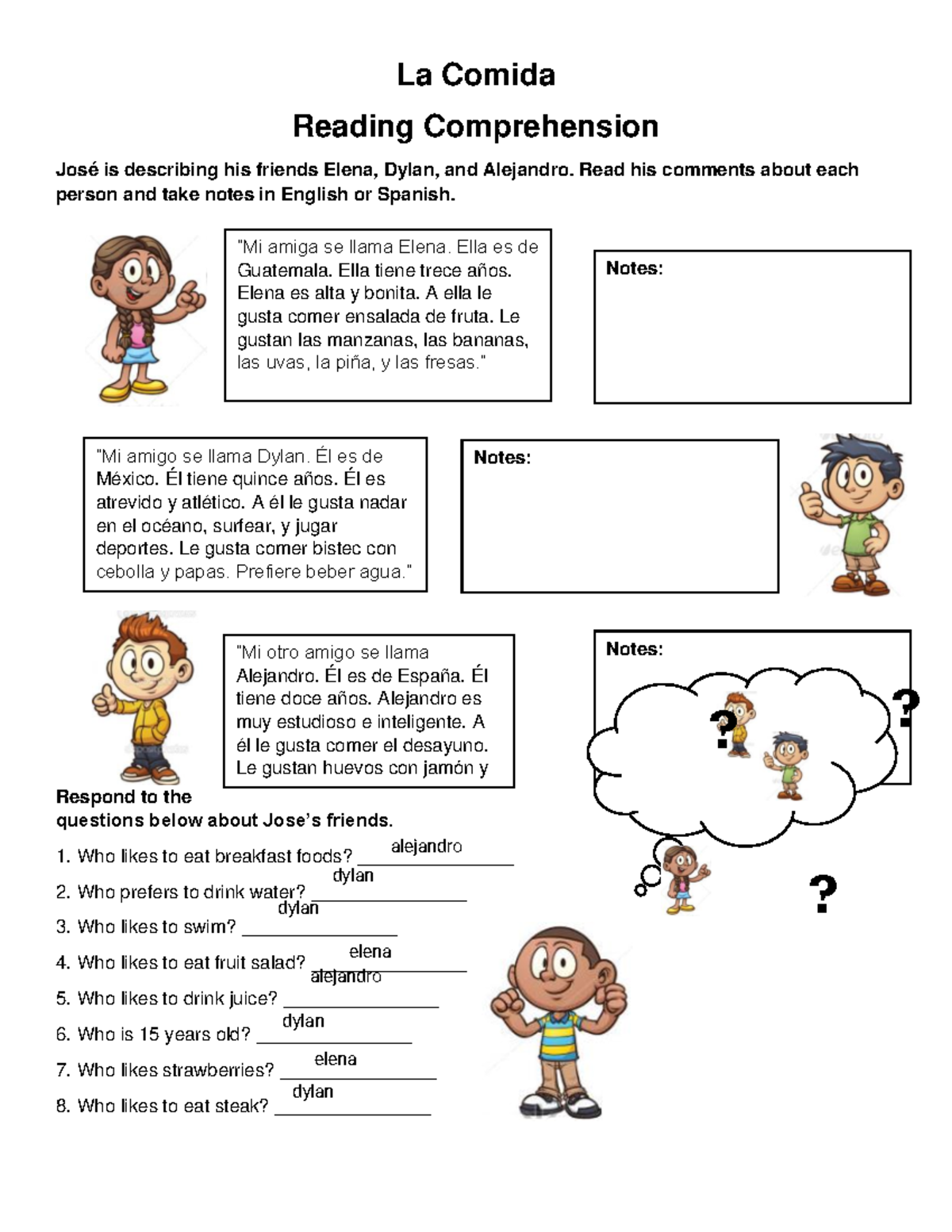 Spanish 1: La Comida Reading Comprehension Worksheet - Studocu