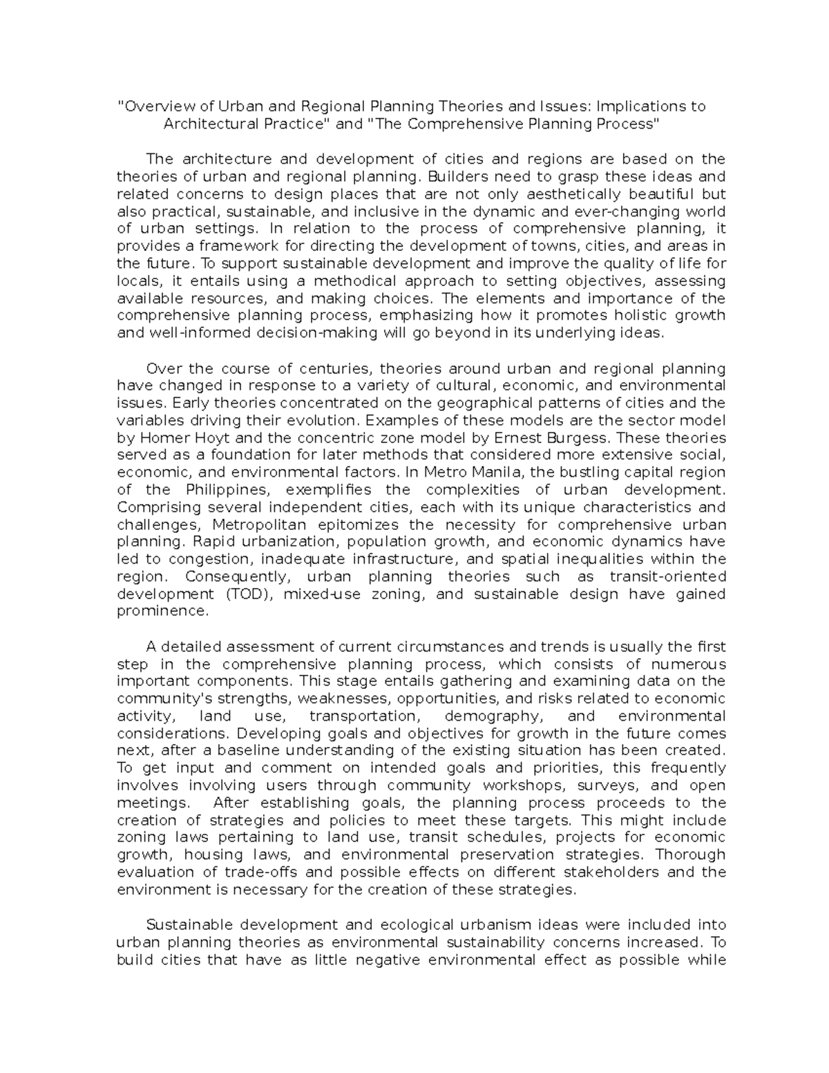 URP 301: Overview of Urban & Regional Planning Theories & Implications - Studocu