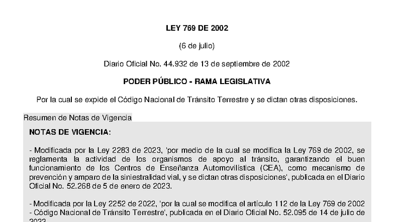 Ley 769 de 2002: Código Nacional de Tránsito Actualizado 2023 - Studocu