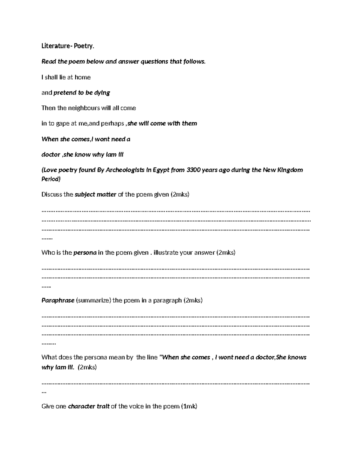 Grade 9 - Poetry Analysis Assessment: Understanding Love Poetry - Studocu
