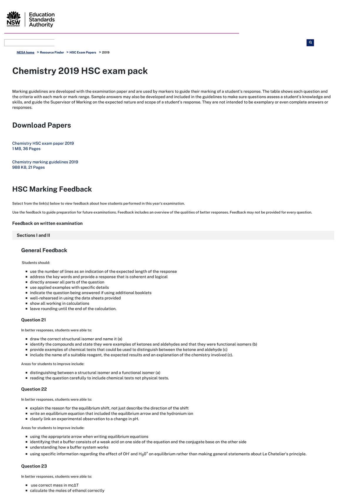 Chemistry 2019 HSC Exam Pack: Marking Guidelines & Student Feedback ...