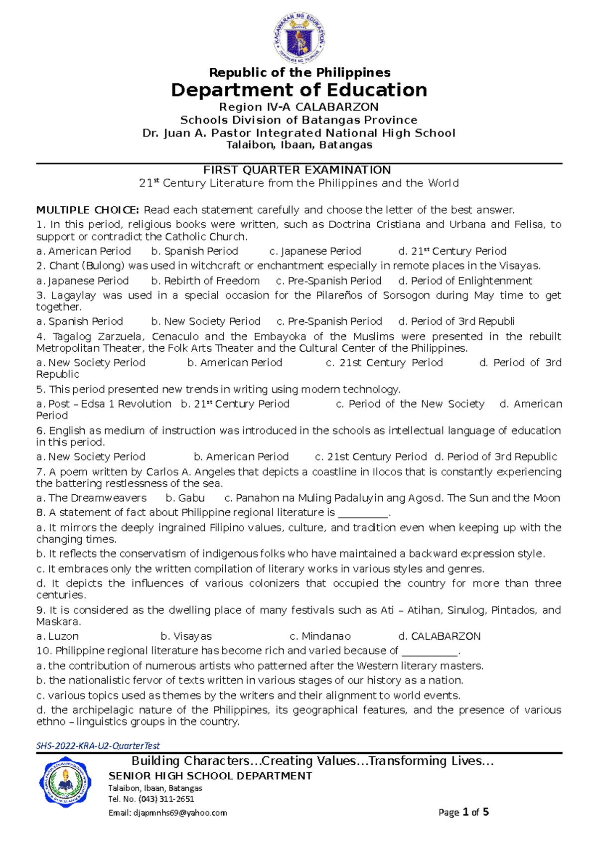 First Quarter Test-21st Century Lit - Department of Education Region IV ...