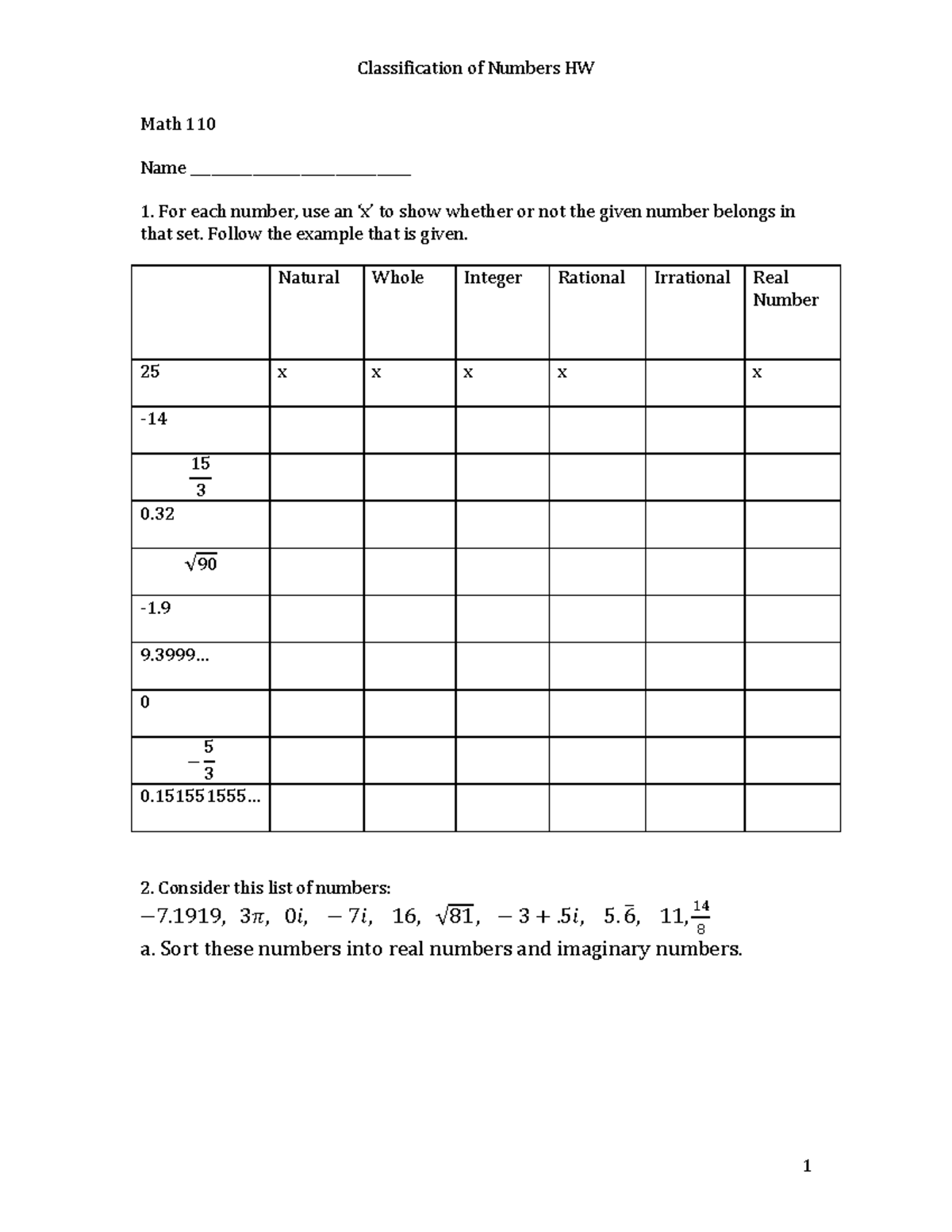 MAT110-Classification of Numbers Homework Assignment - Studocu
