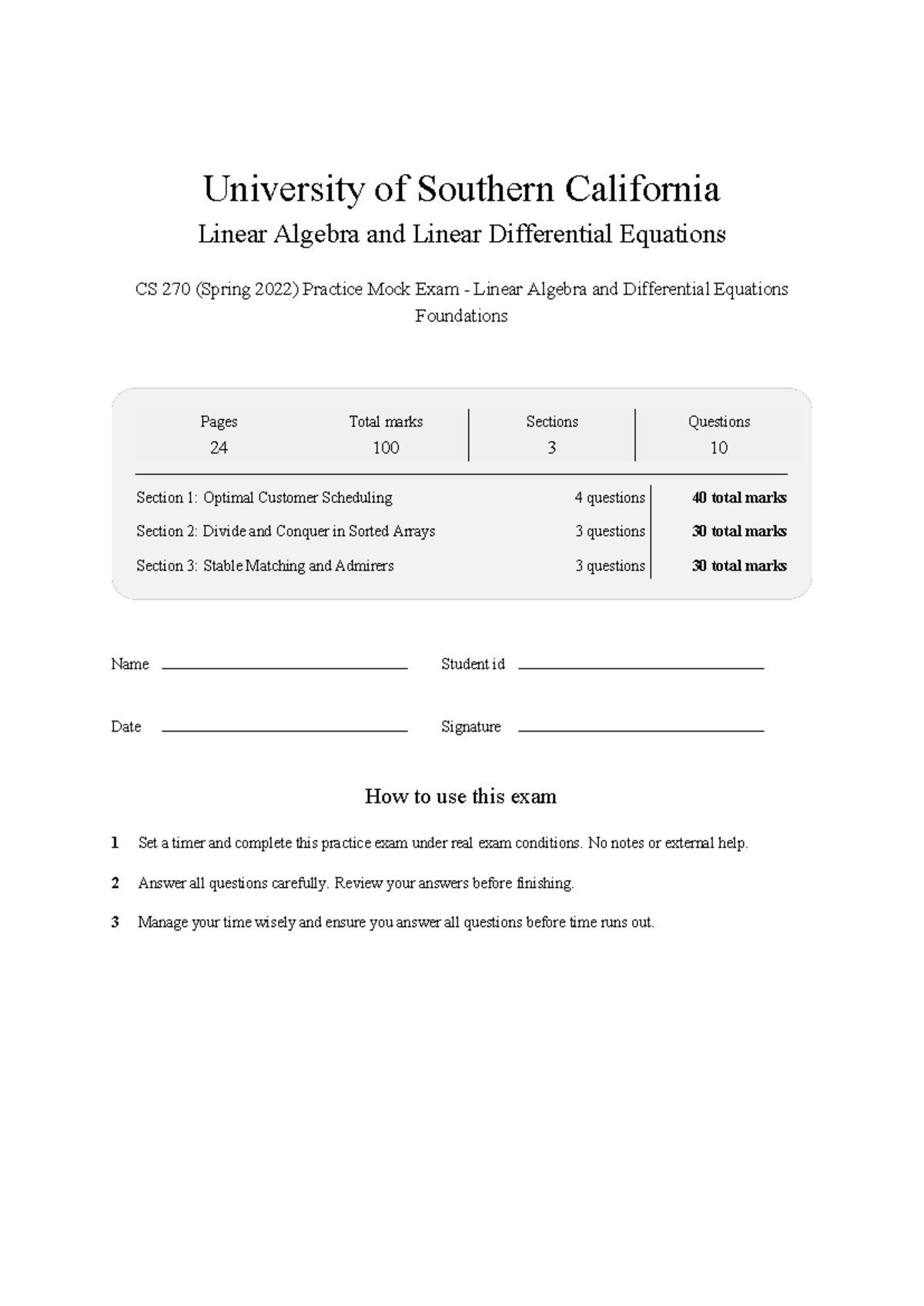 MATH225 Linear Algebra & Differential Equations USC Practice Mock Exam ...