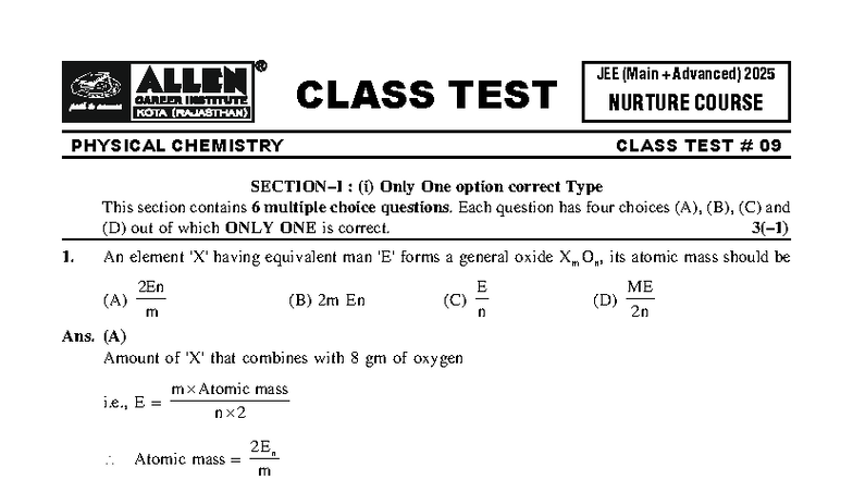 PHYSICAL CHEMISTRY CLASS TEST 09 JEE (Main Advanced) 2025 - Studocu