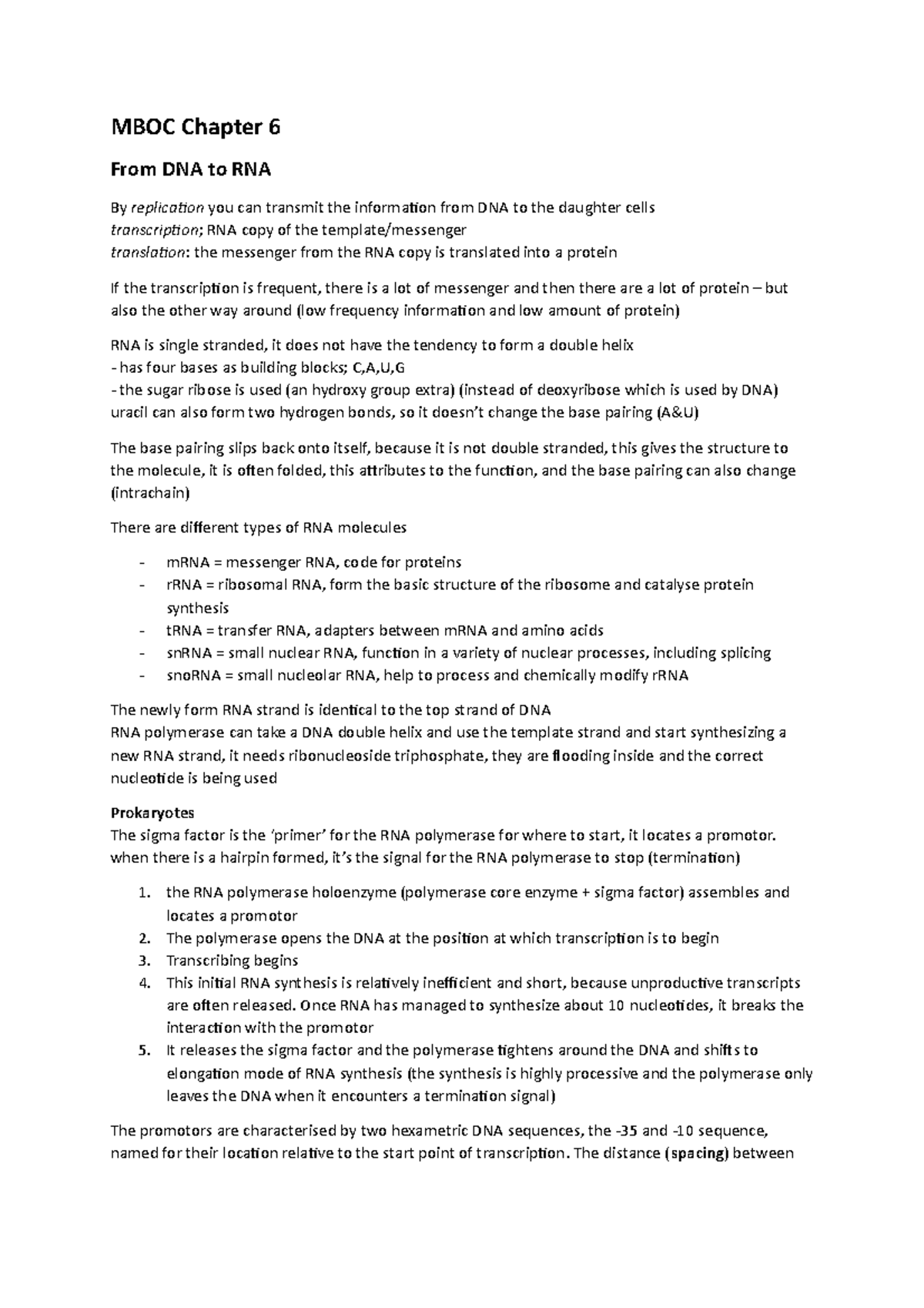 MBOC Chapter 6 compleet - MBOC Chapter 6 From DNA to RNA By replication ...