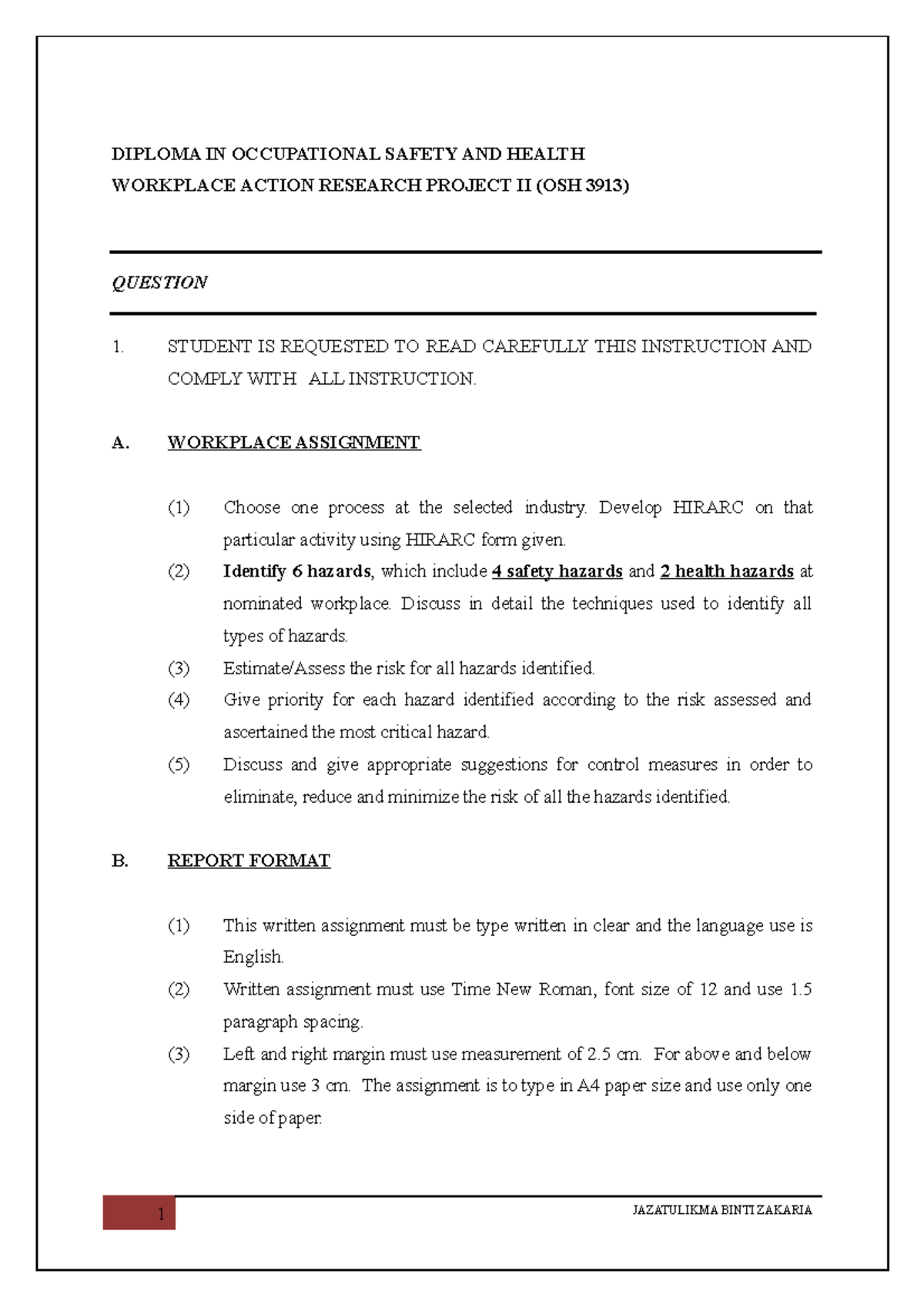 Workplace Action Research Project II (OSH 3913) Guidelines and Format ...