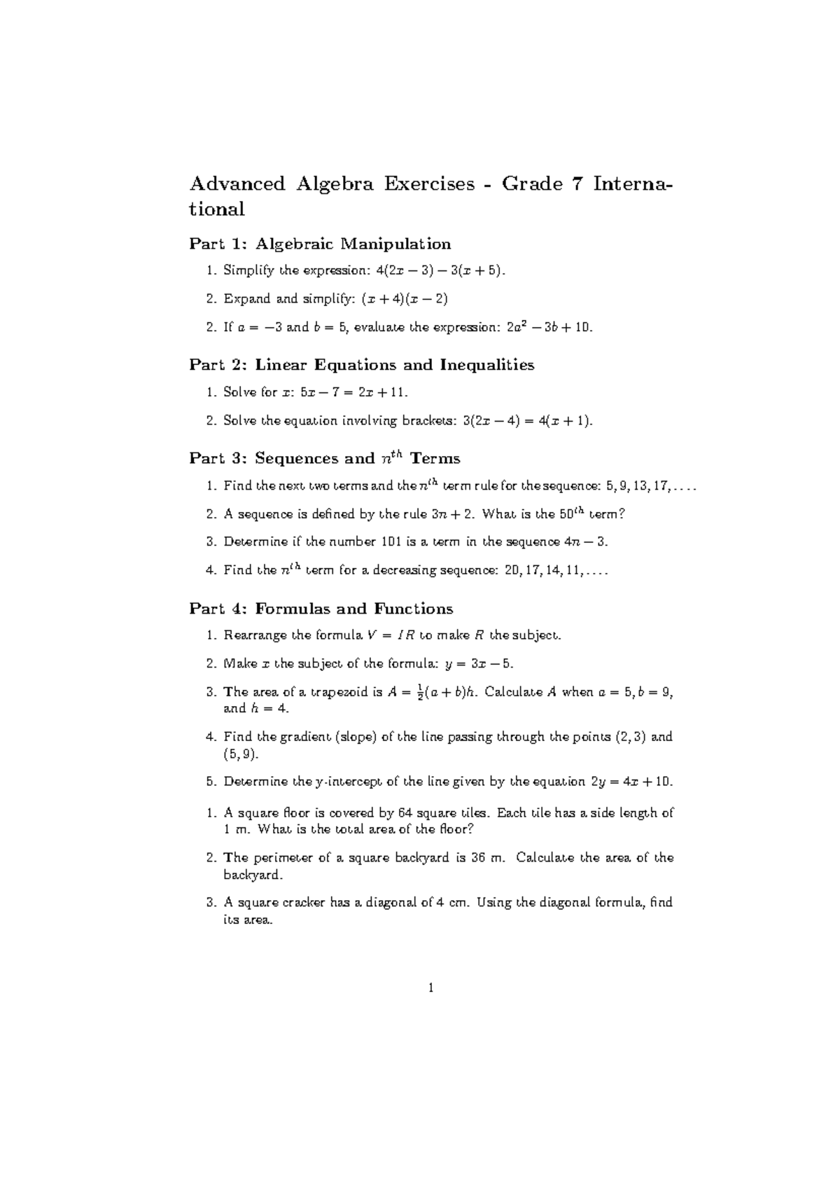 Advanced Algebra Exercises for Math Algebra 123: Grade 7 - Studocu