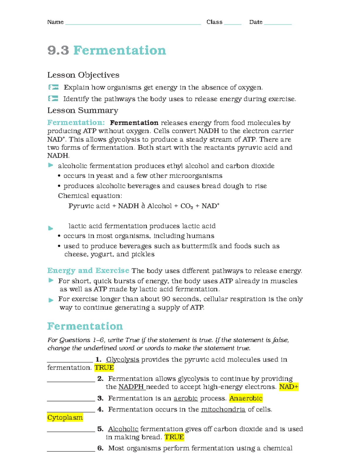 Worksheet 1 - read well - Name Class Date 9 Fermentation Lesson ...