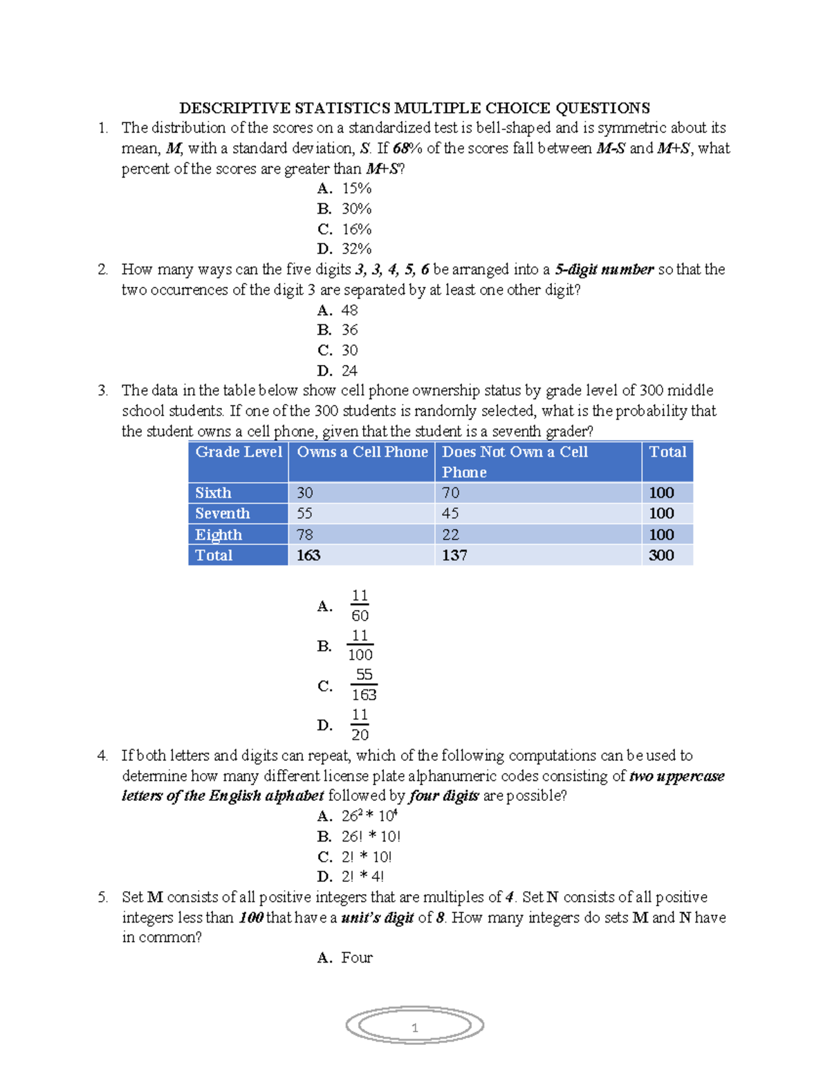 STAT Model Questions - DESCRIPTIVE STATISTICS MULTIPLE CHOICE QUESTIONS ...