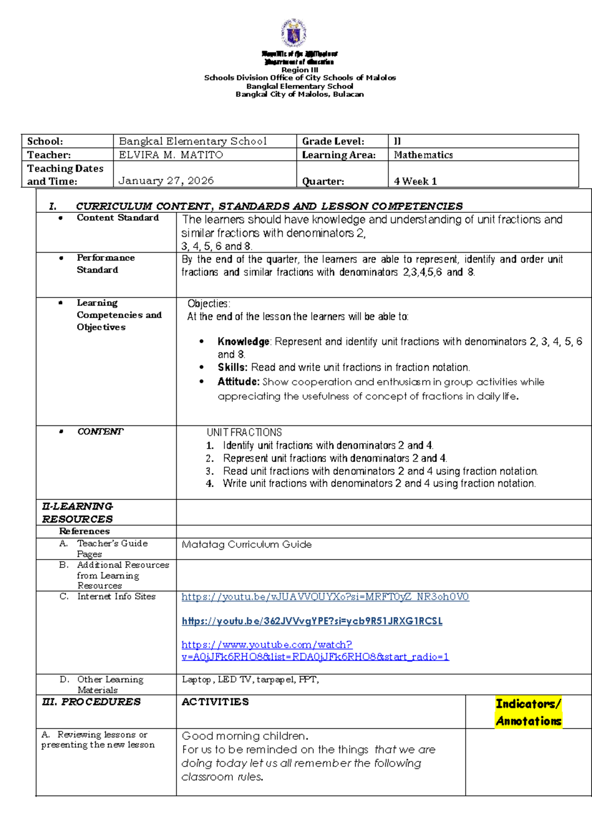 Q4 W1 MATH DLL - Unit Fractions Lesson Plan for Demo 2026 - Studocu