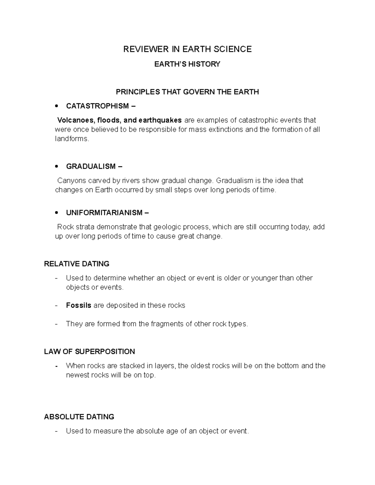 REVIEWER IN EARTH SCIENCE: CATASTROPHISM & GRADUALISM PRINCIPLES - Studocu