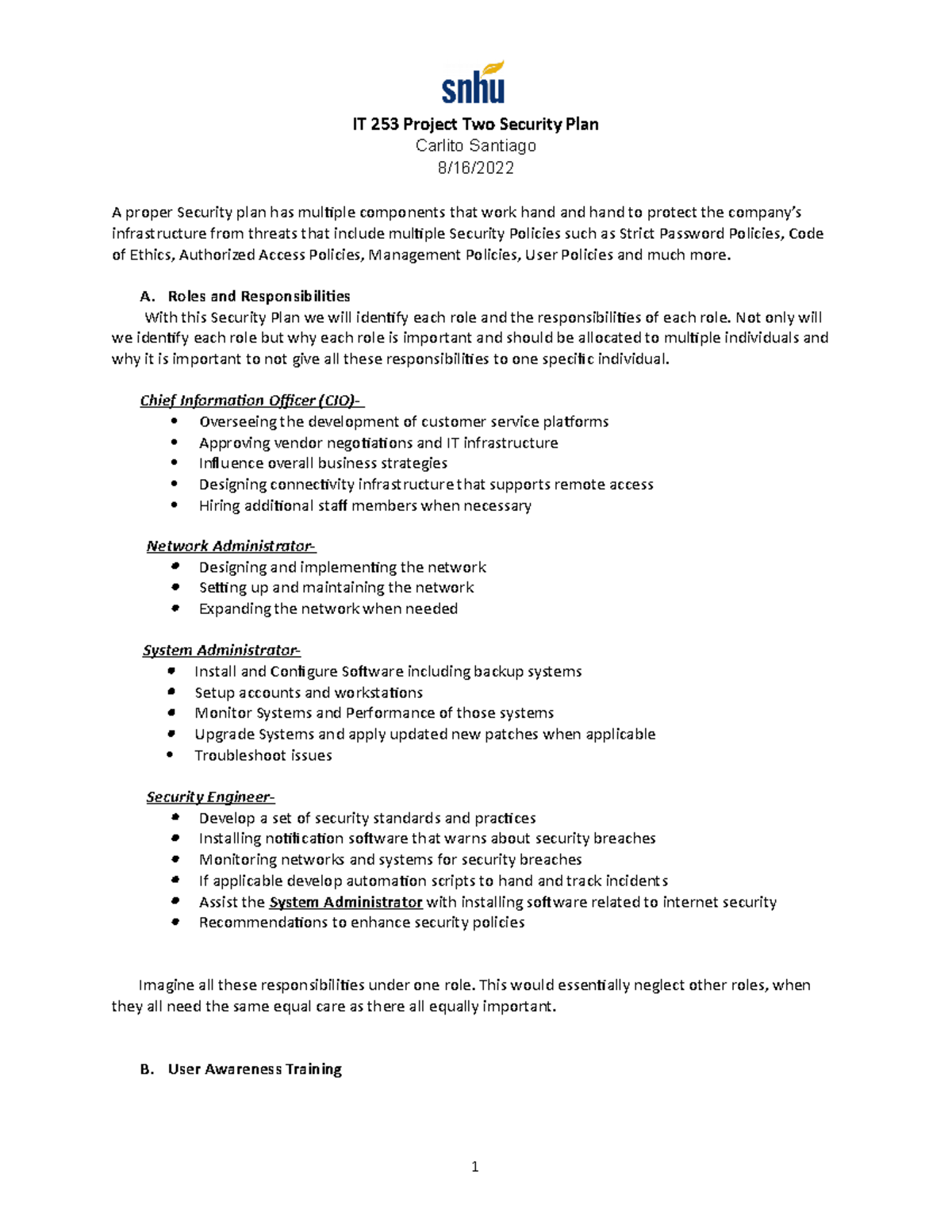 IT 253 Final Project Security Plan Overview and Key Strategies - Studocu