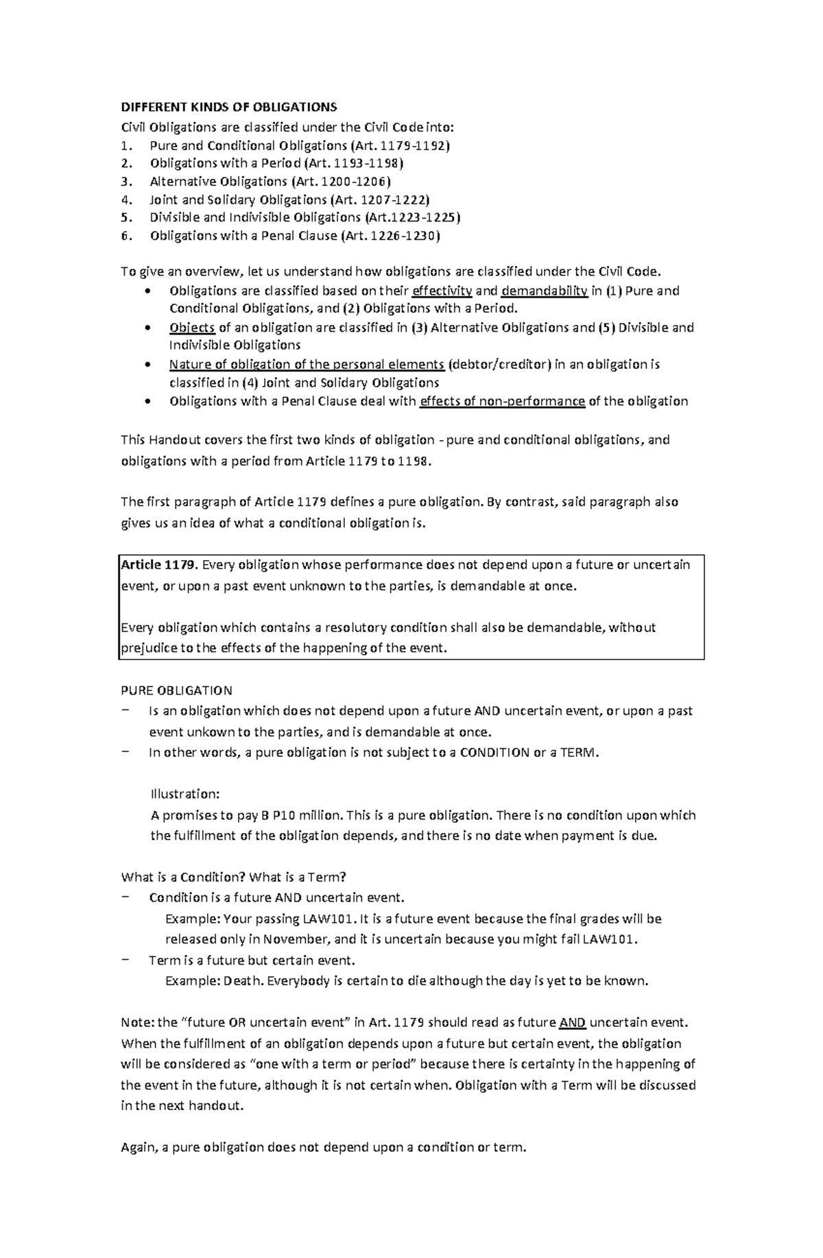 Civil Obligations: Pure and Conditional Obligations Overview (Law101 ...