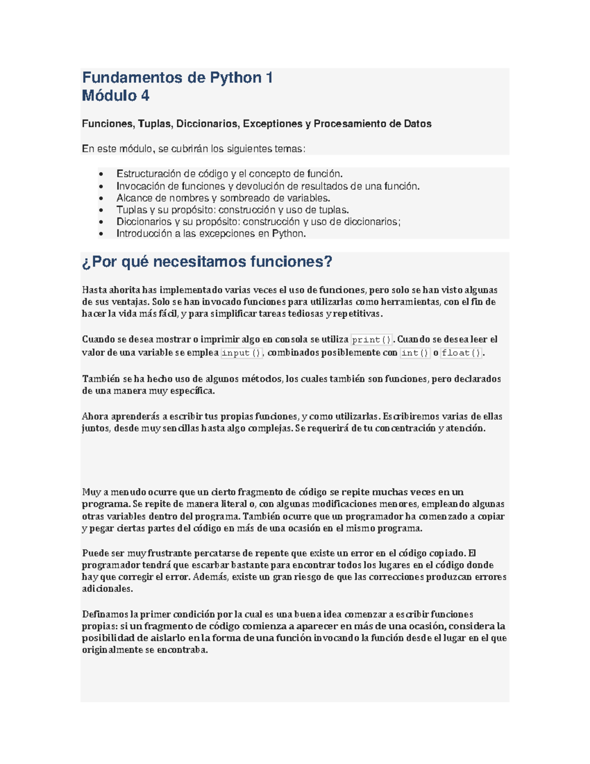PE1 Módulo 4 - Funciones, Tuplas, Diccionarios y Excepciones en Python - Studocu
