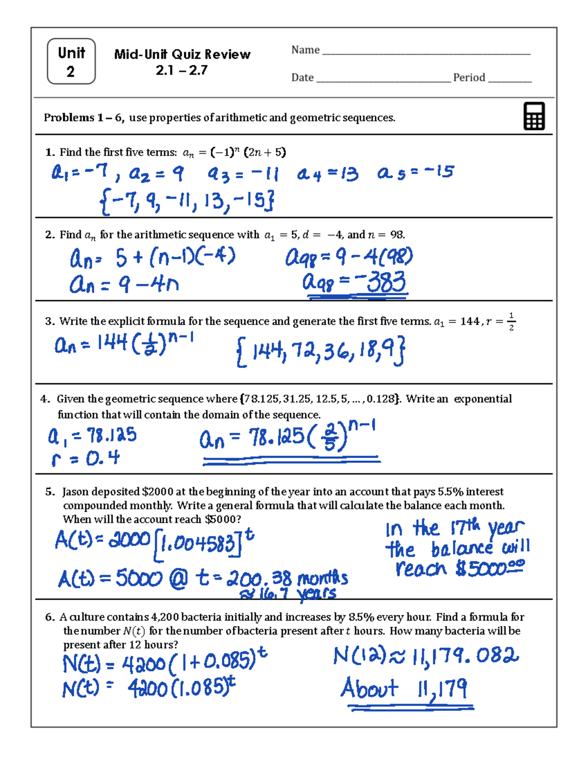 Unit 2 Mid-Unit Quiz Review Key: Arithmetic & Geometric Sequences - Studocu