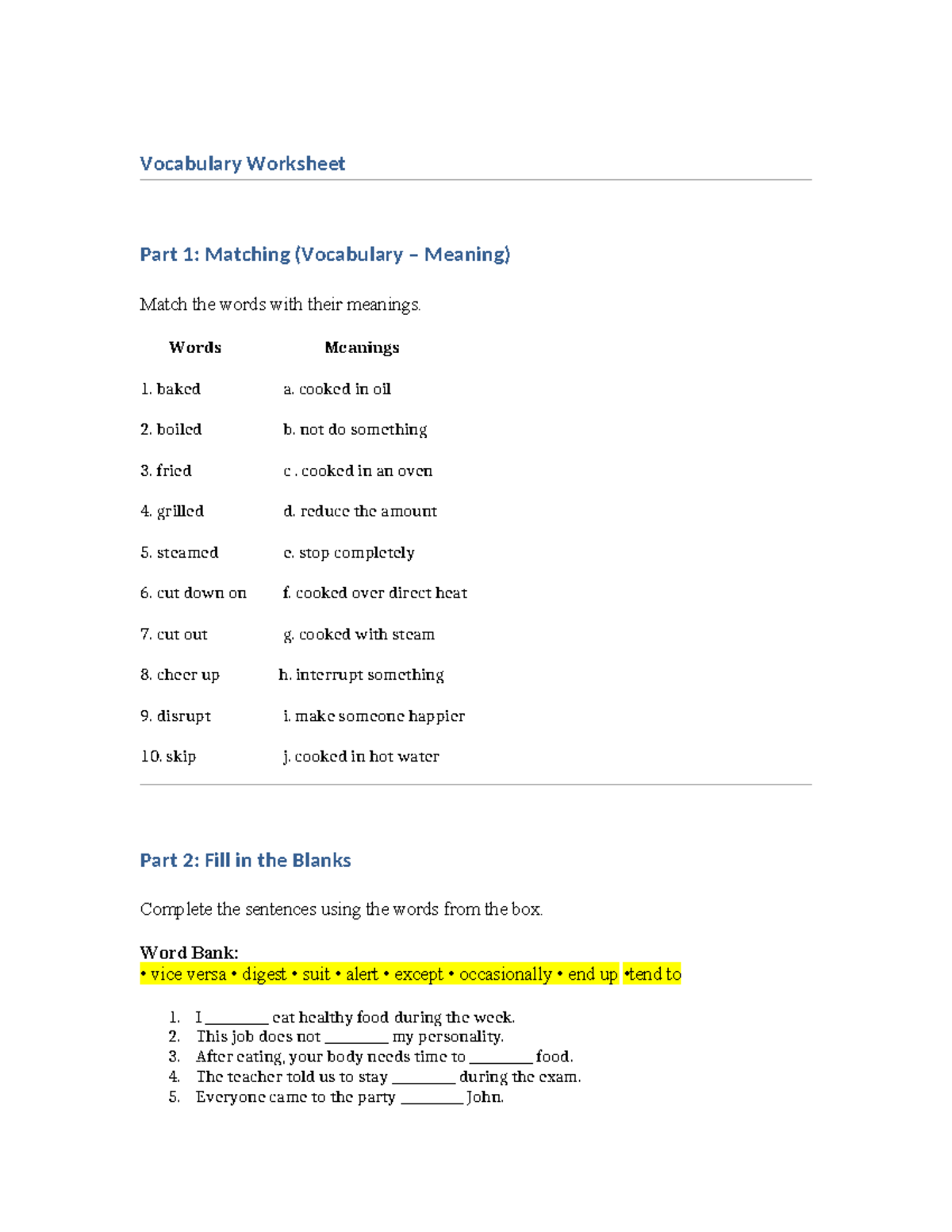 Vocabulary Worksheet Part 1: Matching & Fill in the Blanks - Studocu