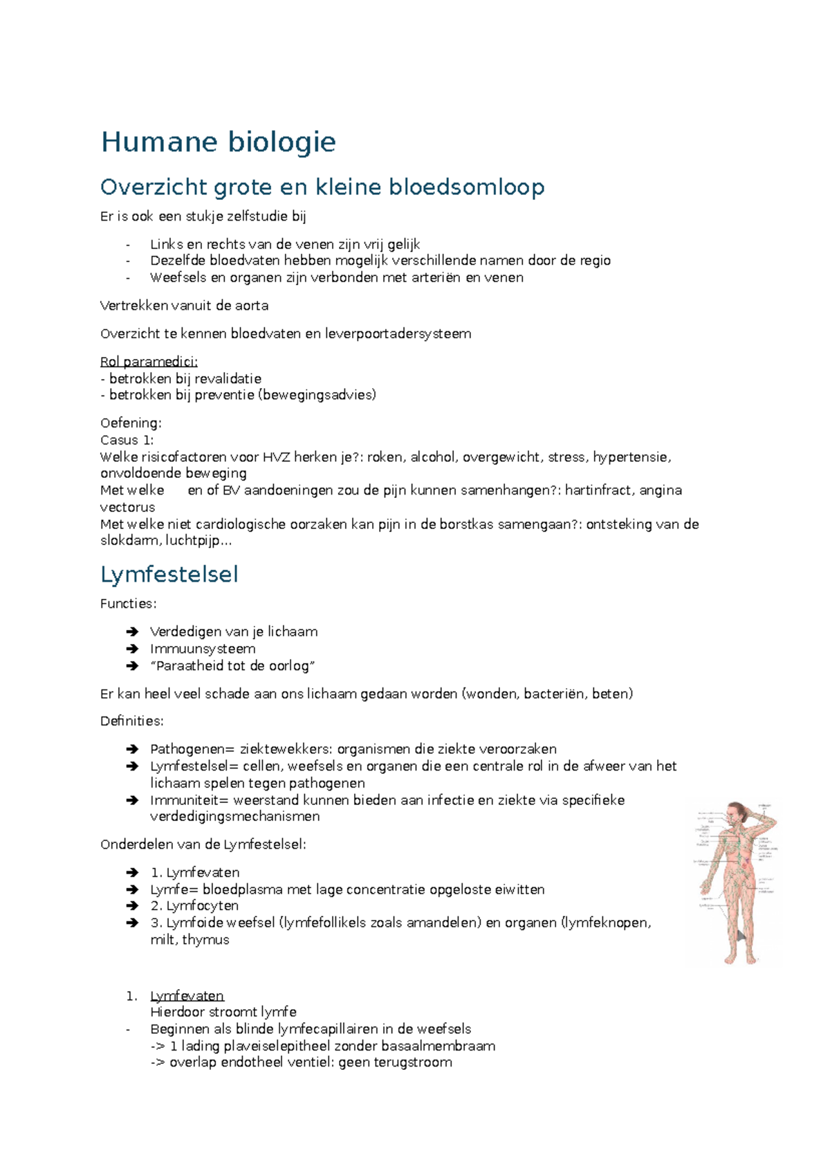 Humane Biologie: Overzicht Lymfestelsel en Bloedsomloop - Studocu