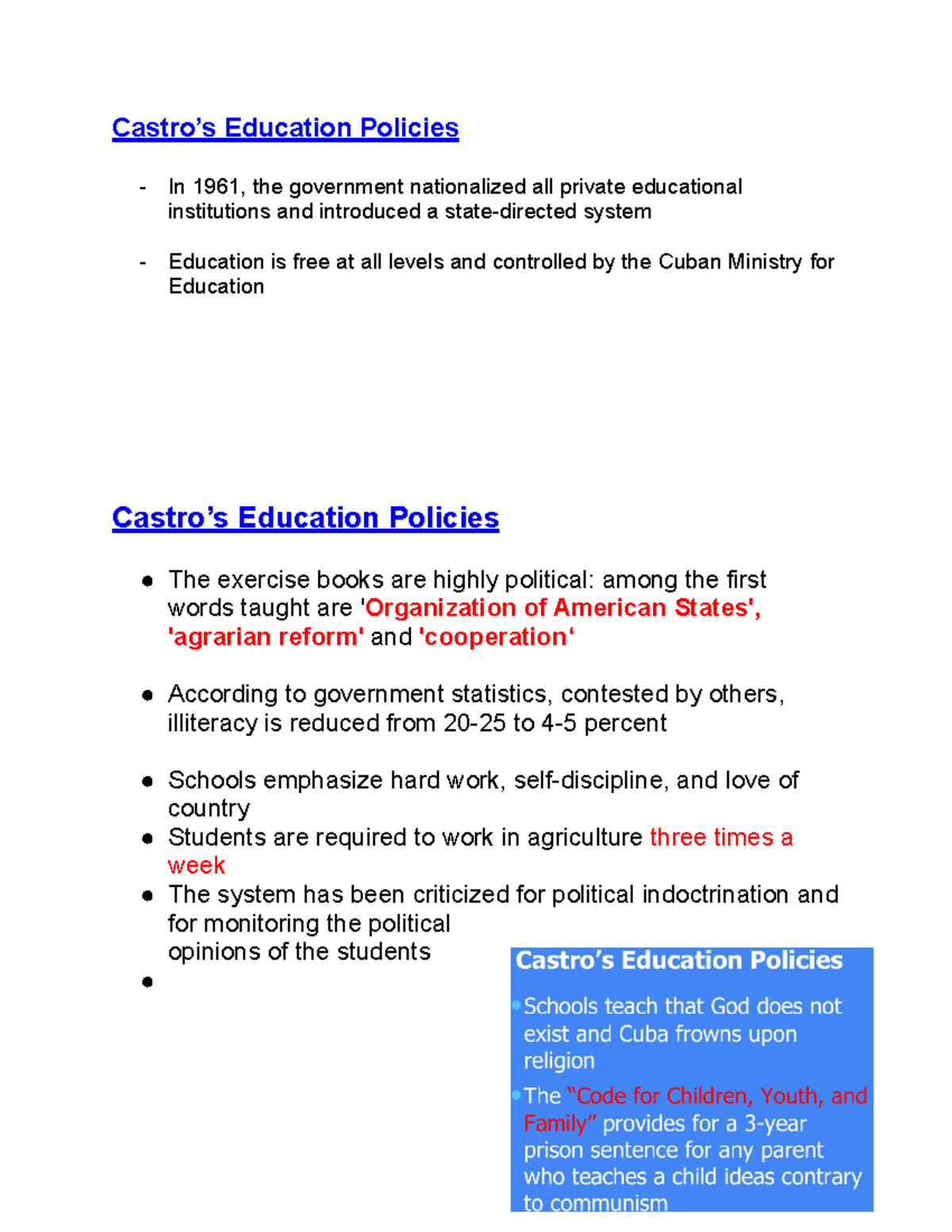 Castro’s Education Policies - Castro’s Education Policies In 1961, the ...
