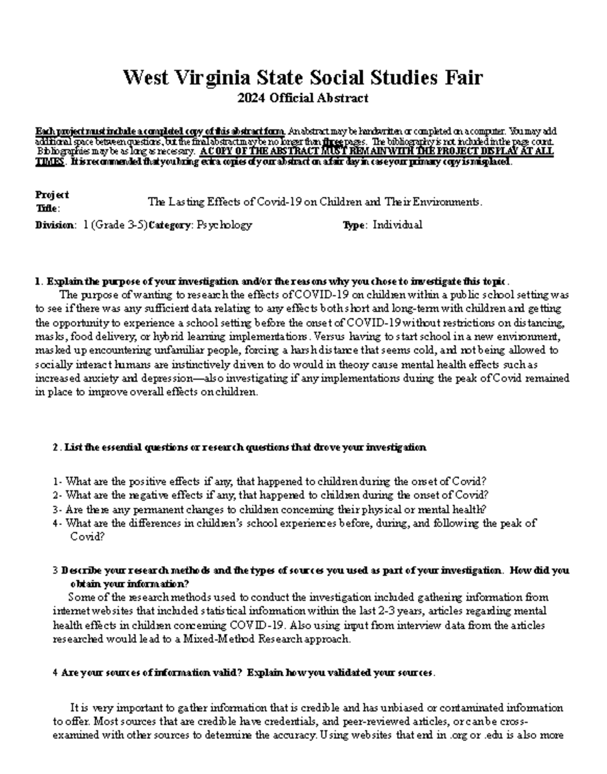 WVS Social Studies Fair 2024: Abstract on Covid-19 Effects on Kids ...