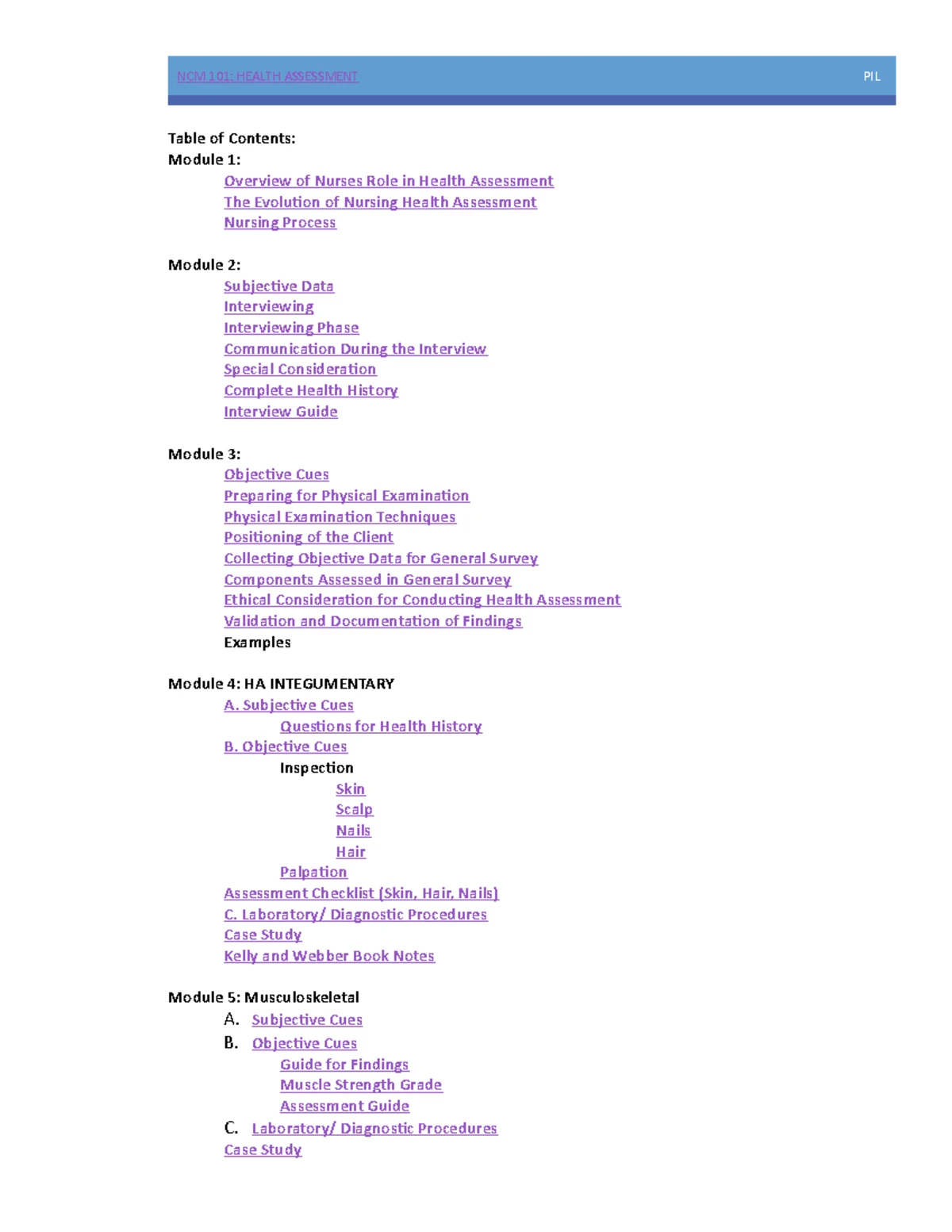 Health Assessment Lecture Complete - NCM 101A Lec: Health Assessment 1 Lecturer: Mr. Jomer V ...