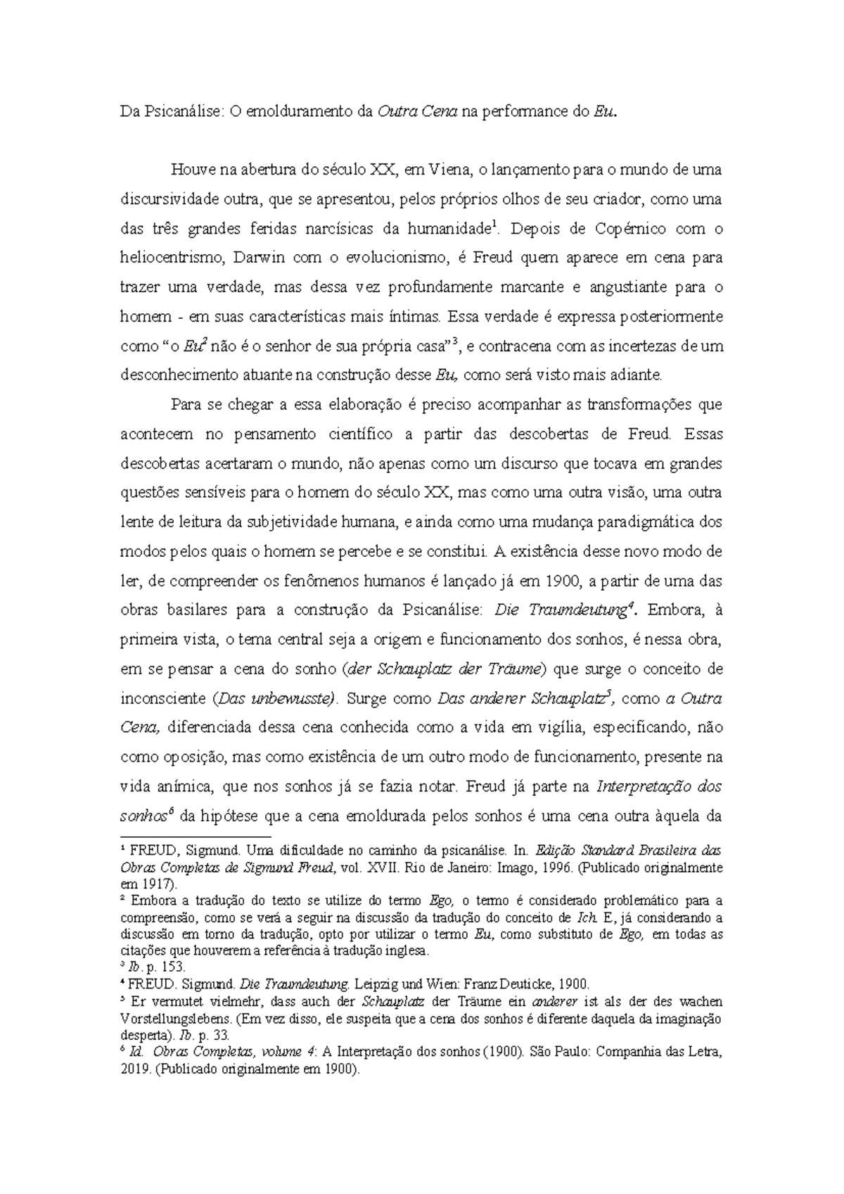 Resumo da Psicanálise: A Outra Cena e o Funcionamento do Eu - Studocu