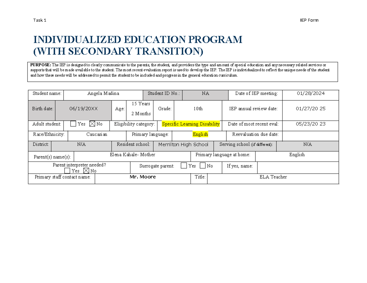 FEM3 — Task 1: Creating an Individualized Education Program (IEP) - Studocu