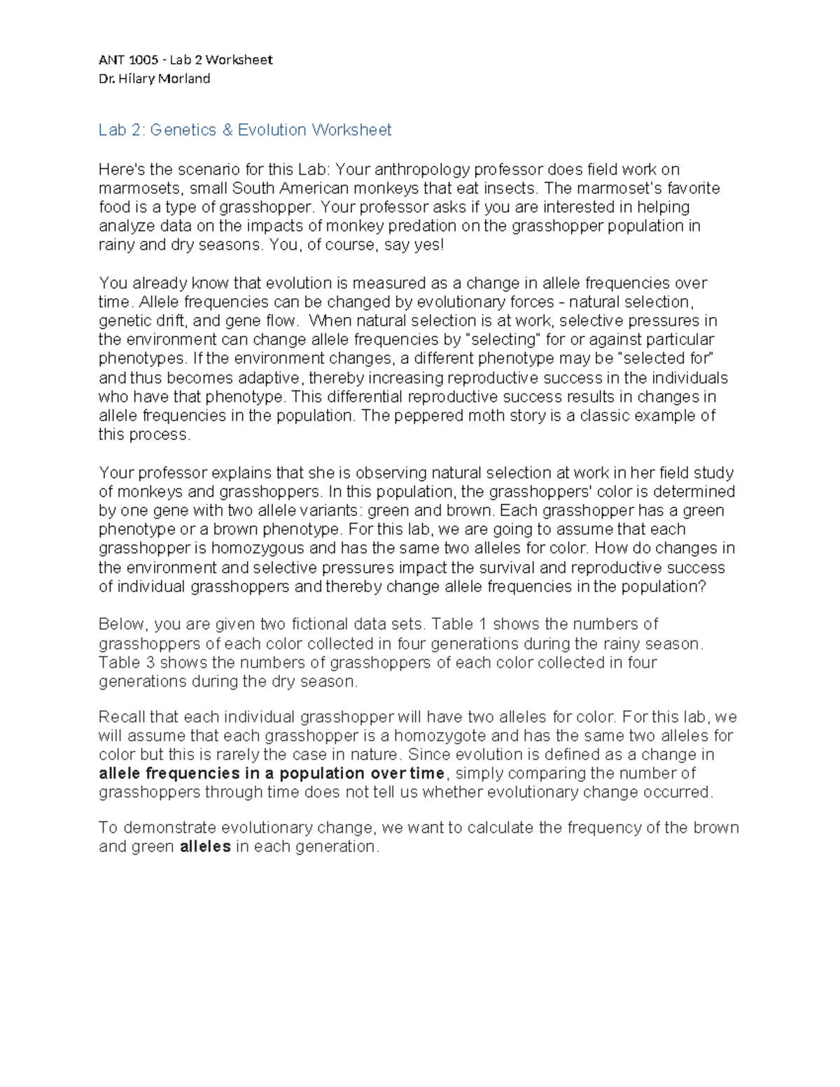 Lab 2 Worksheet - Genetics & Evolution Analysis (Biology 101) - Studocu