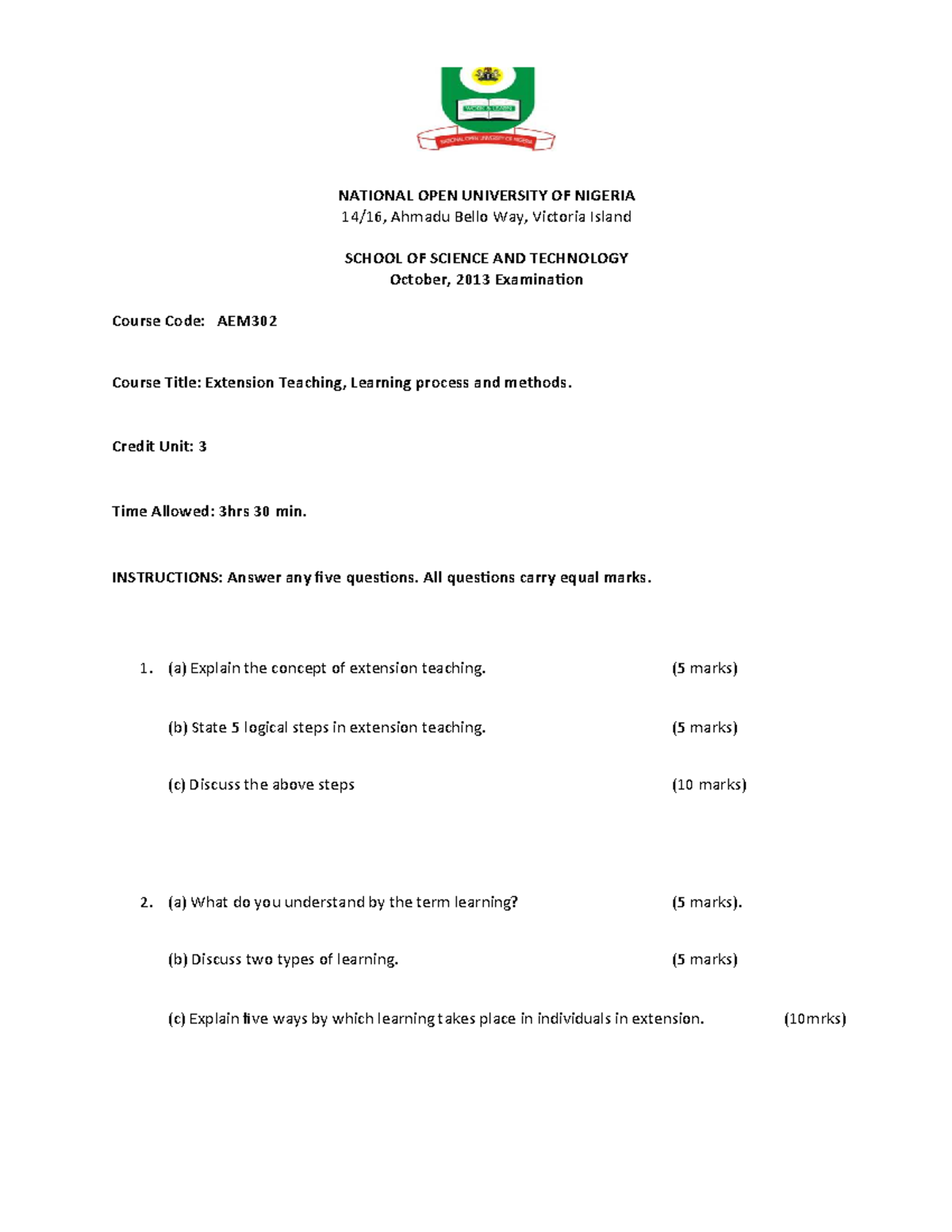 AEM302 2013 Exam: Extension Teaching & Learning Methods - Studocu