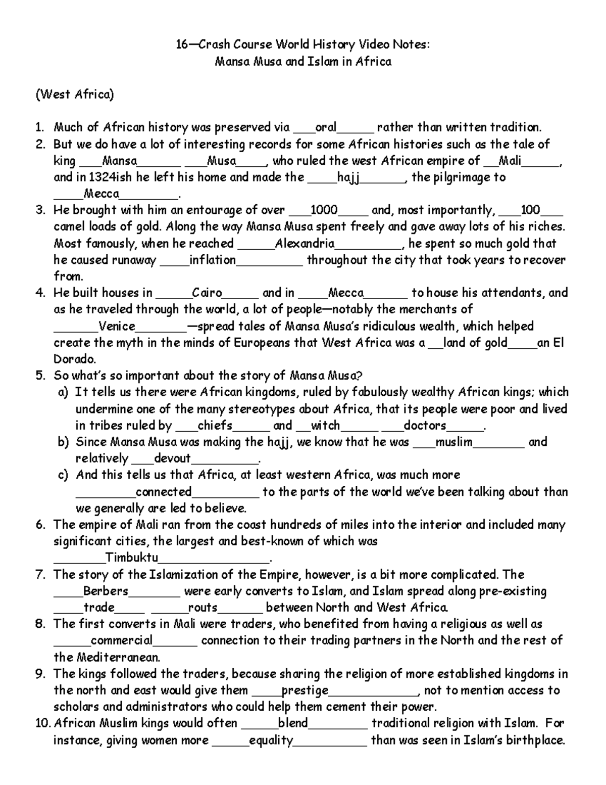 16-WW Hist: Mansa Musa's Impact on Islam in West Africa - Studocu