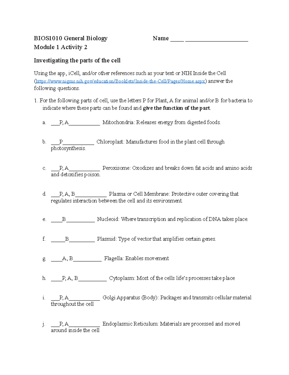 BIOS1010 Module 1 Activity 2: Exploring Cell Structures and Functions ...