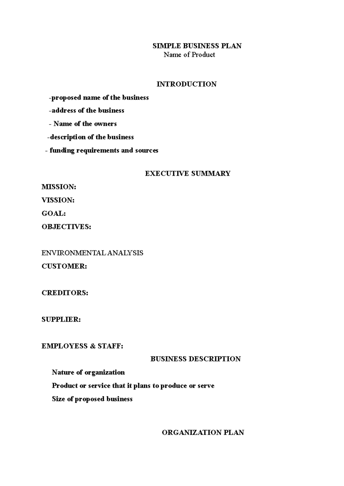 Business plan template - SIMPLE BUSINESS PLAN Name of Product ...