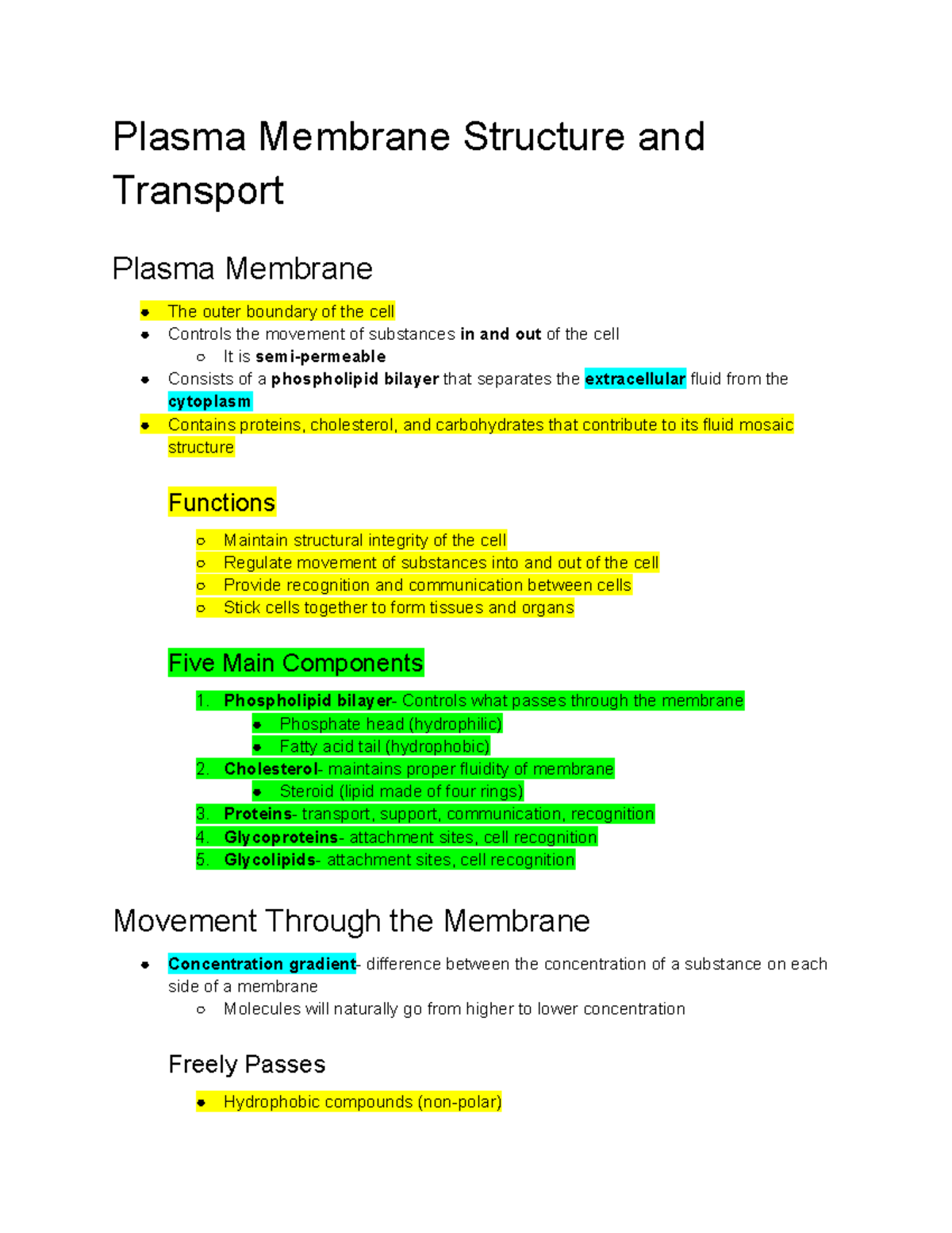 Biology Lab Exam 1: Overview of Plasma Membrane Structure & Transport ...