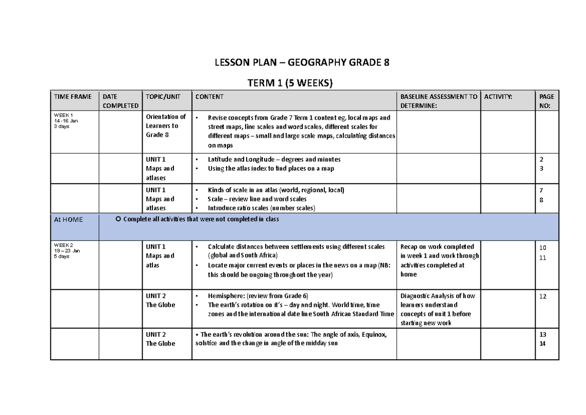 Geography Grade 8 Term 1 Lesson Plan (5 Weeks) - Studocu