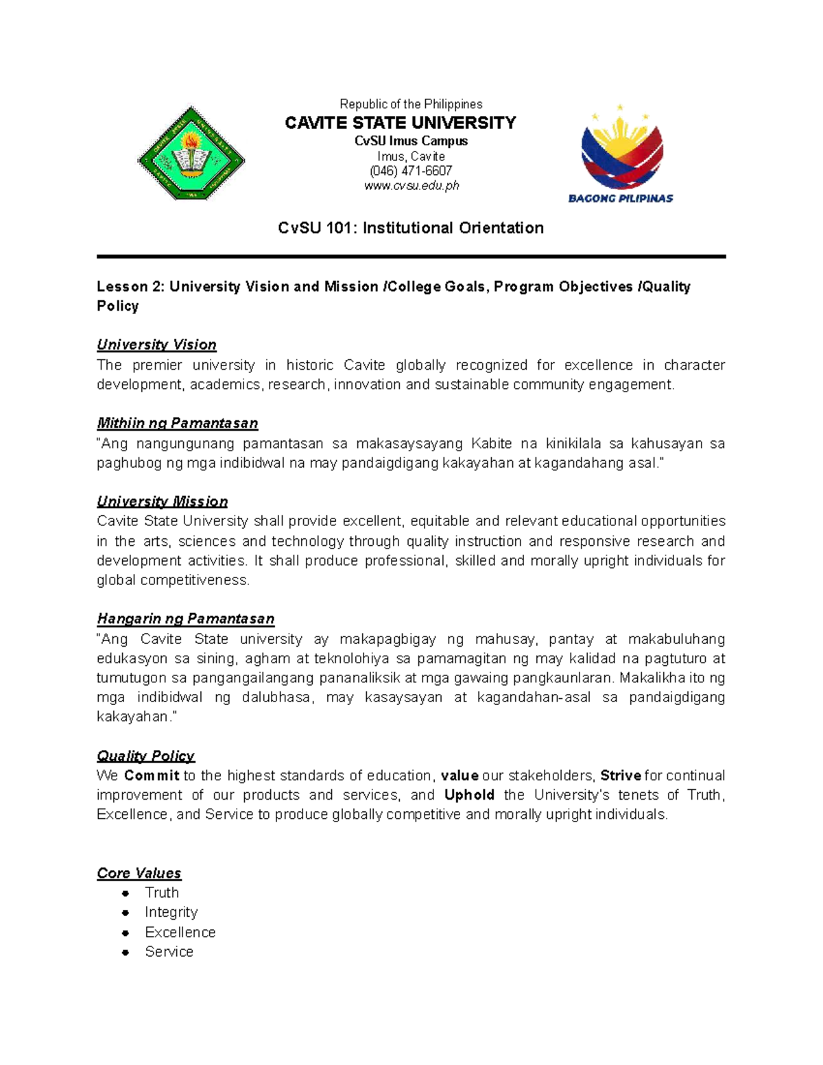 CvSU 101: Lesson 2 - University Vision, Mission & Goals Overview - Studocu