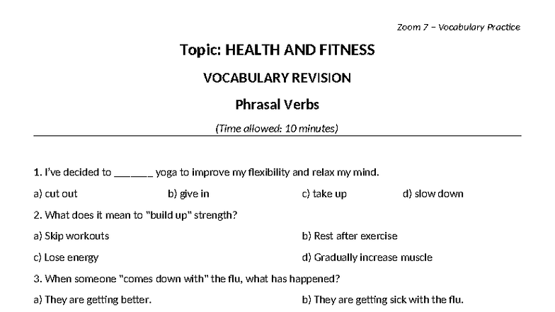 Zoom 7 - Health and Fitness Vocabulary Practice - Studocu