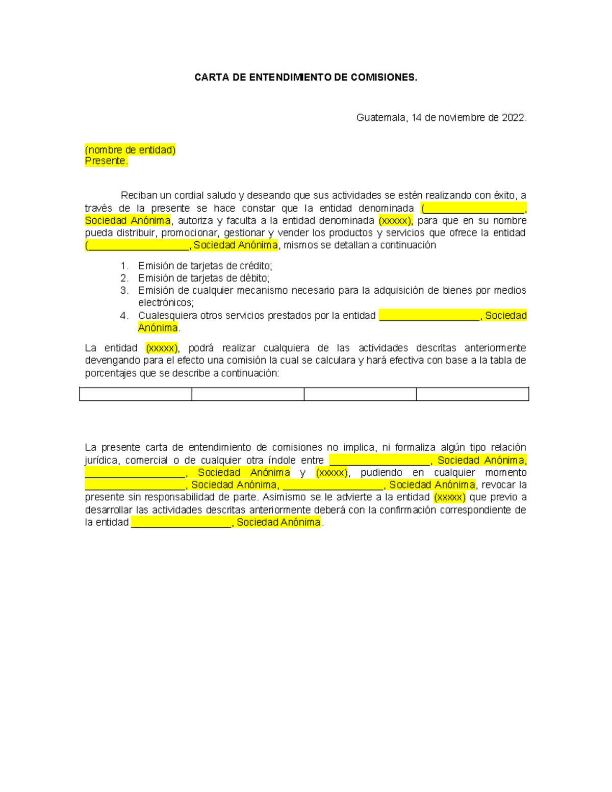 Carta de Entendimiento de Comisiones - CARTA DE ENTENDIMIENTO DE COMISIONES. Guatemala, 14 de ...