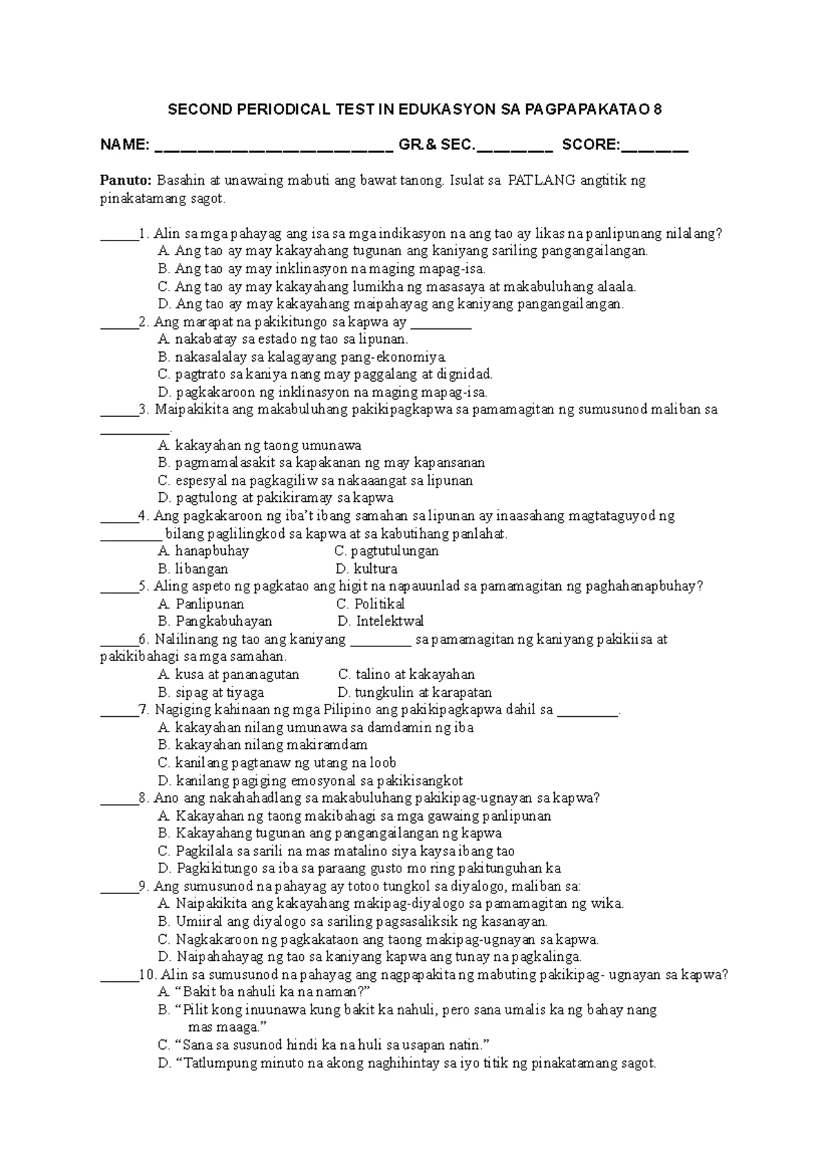 Esp8 4th periodical exam - 4th Quarter Examination in ESP 8 Name