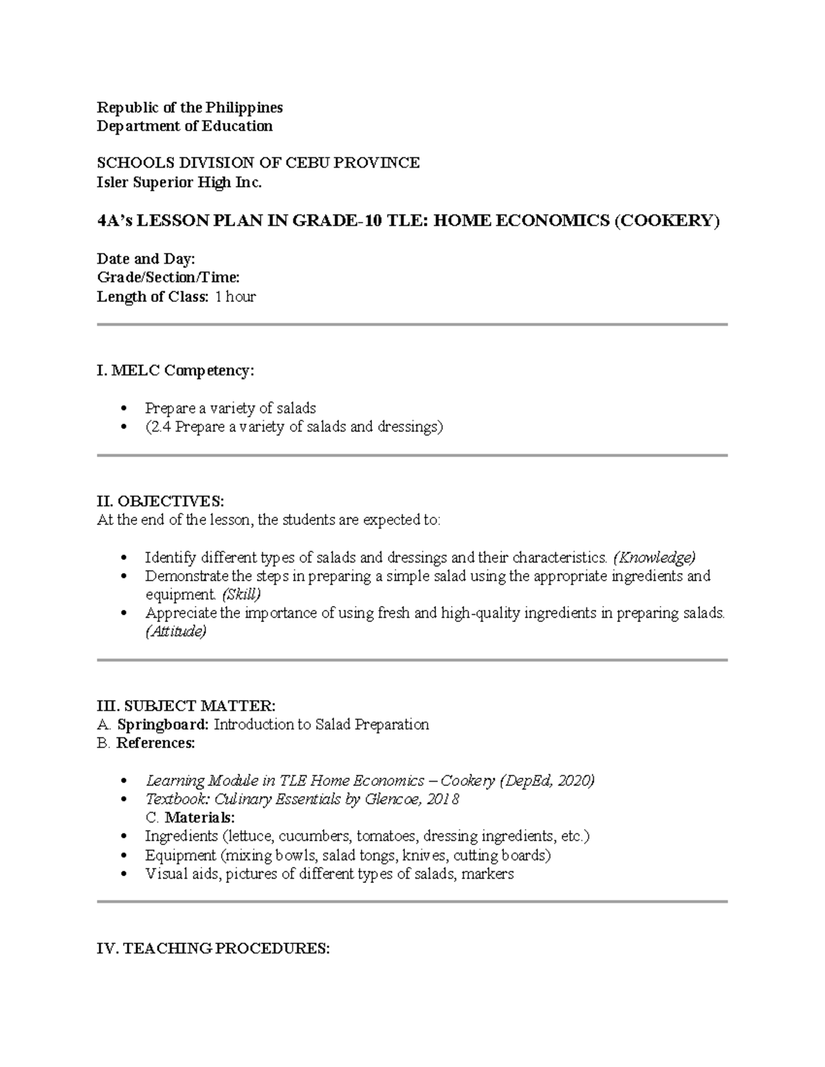 Grade 10 TLE Lesson Plan: Salad Preparation & Dressing (4AS) - Studocu