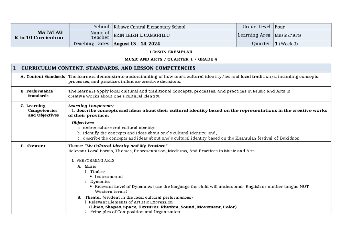 Q1 LE Music and Arts 4 Lesson 2: Understanding Cultural Identity - Studocu