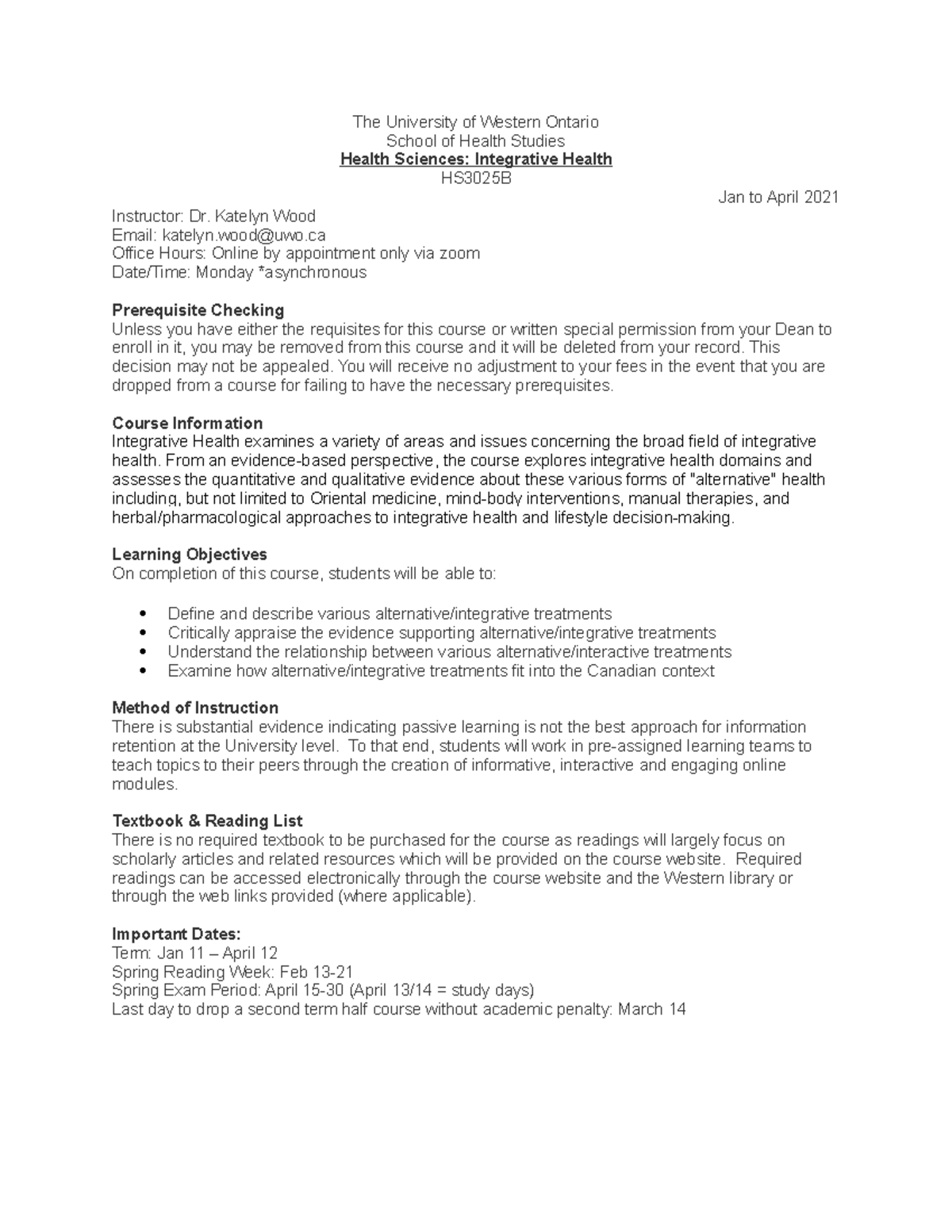 HS 3025 - Syllabus overview - The University of Western Ontario School ...