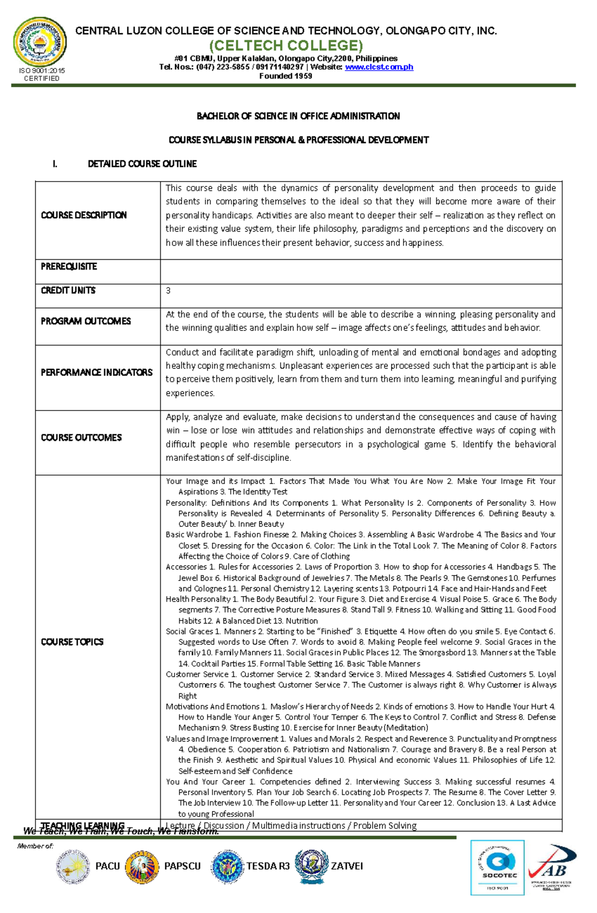 CBMU Personal & Professional Development Course Syllabus - Studocu