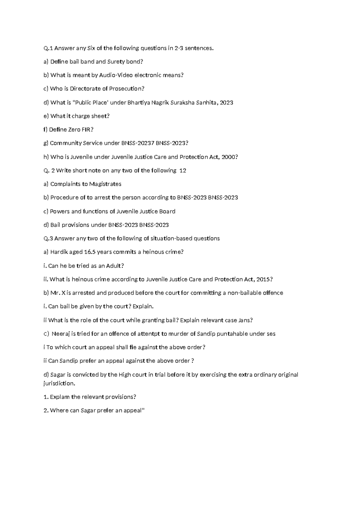 BNSS Question Paper: Legal Concepts & Juvenile Justice Exam - Studocu