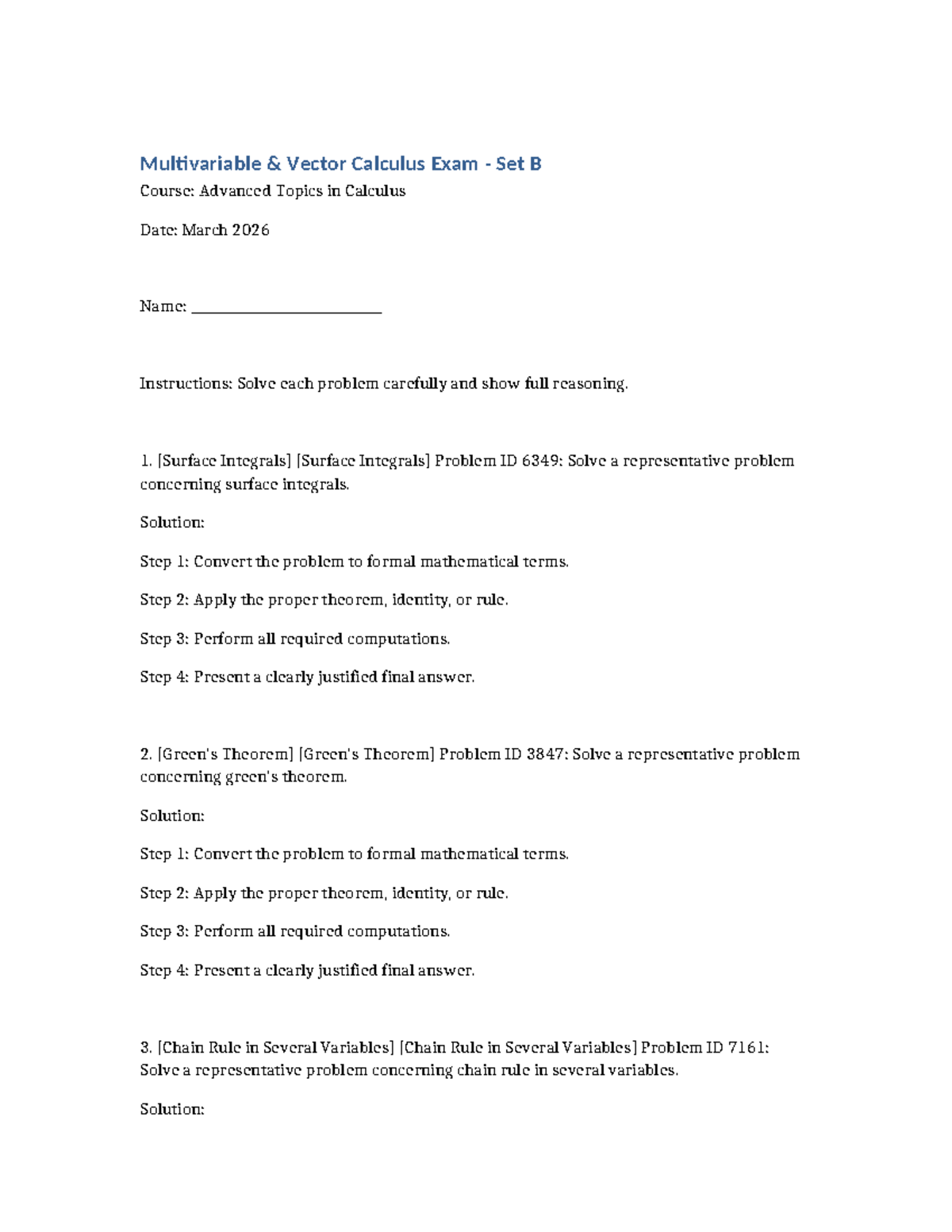 Multivariable Vector Calculus Exam Set B - Math 6260 - Studocu