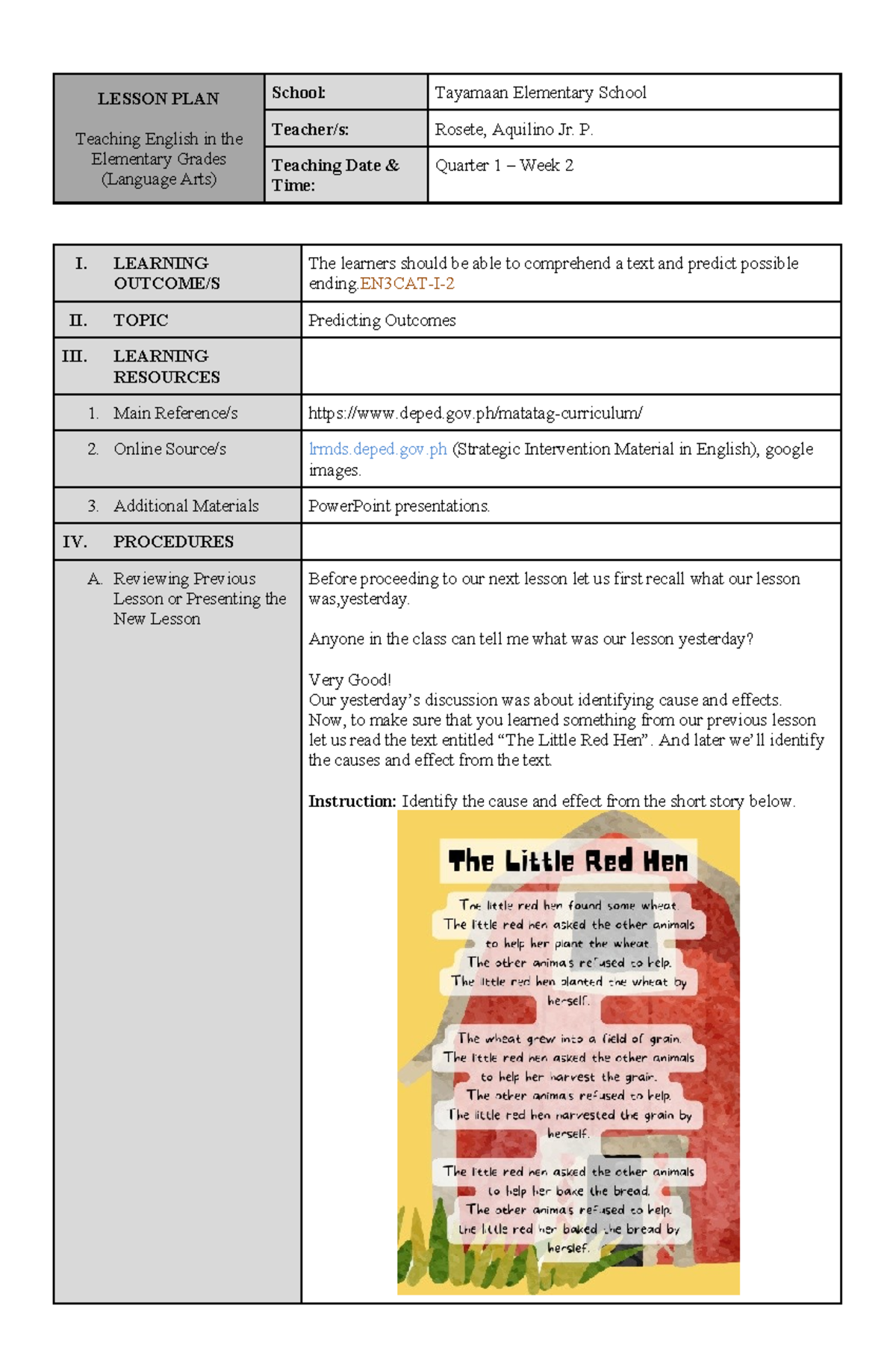 LESSON PLAN: Predicting Outcomes in Language Arts (Grade 1) - Studocu