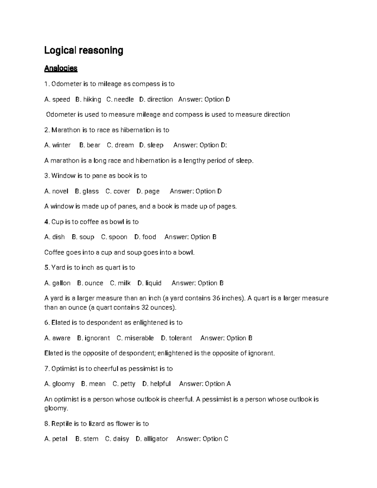 Aptitude Test on Analogies: Logical Reasoning Exercises - Studocu