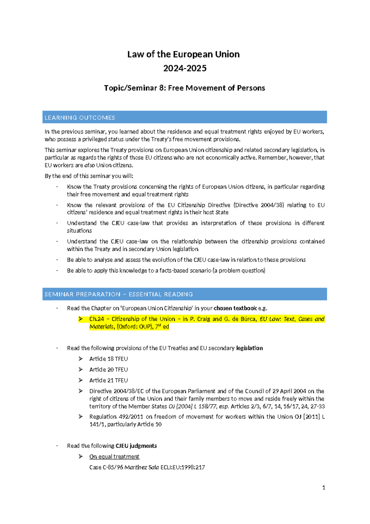 EU 24-25 Seminar 8: Free Movement of Persons and EU Citizenship Rights ...