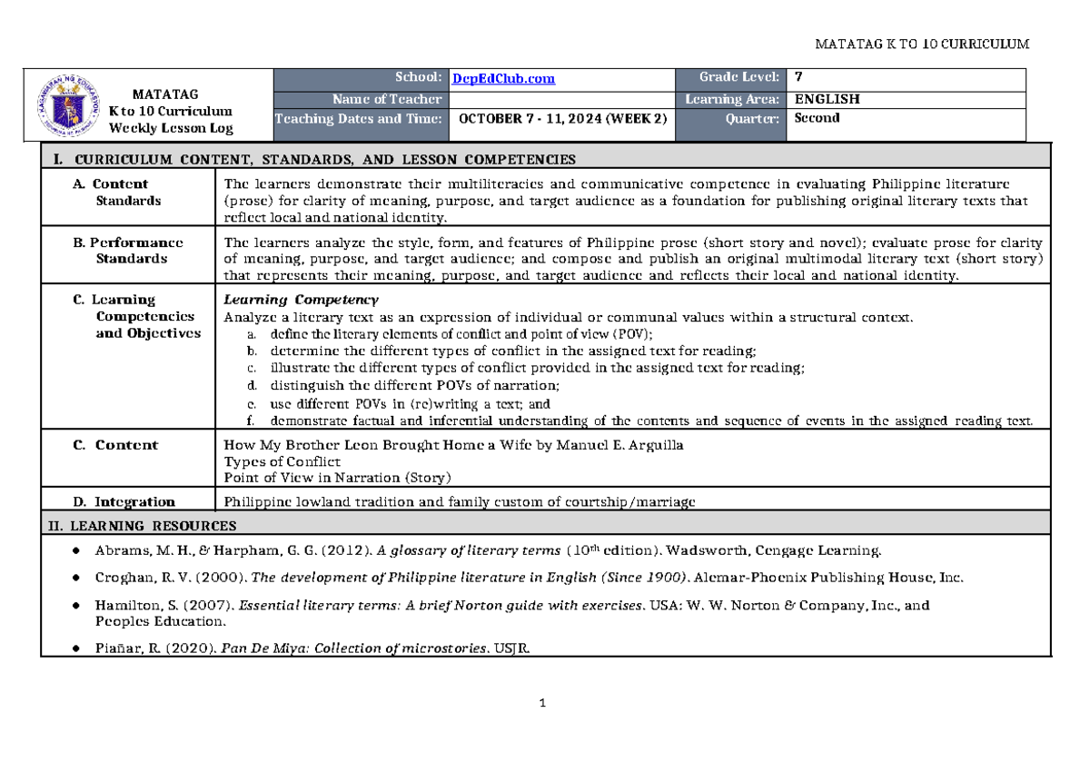 DLL Matatag English 7 Q2 W2 - MATATAG K to 10 Curriculum Weekly Lesson Log School: DepEdClub ...
